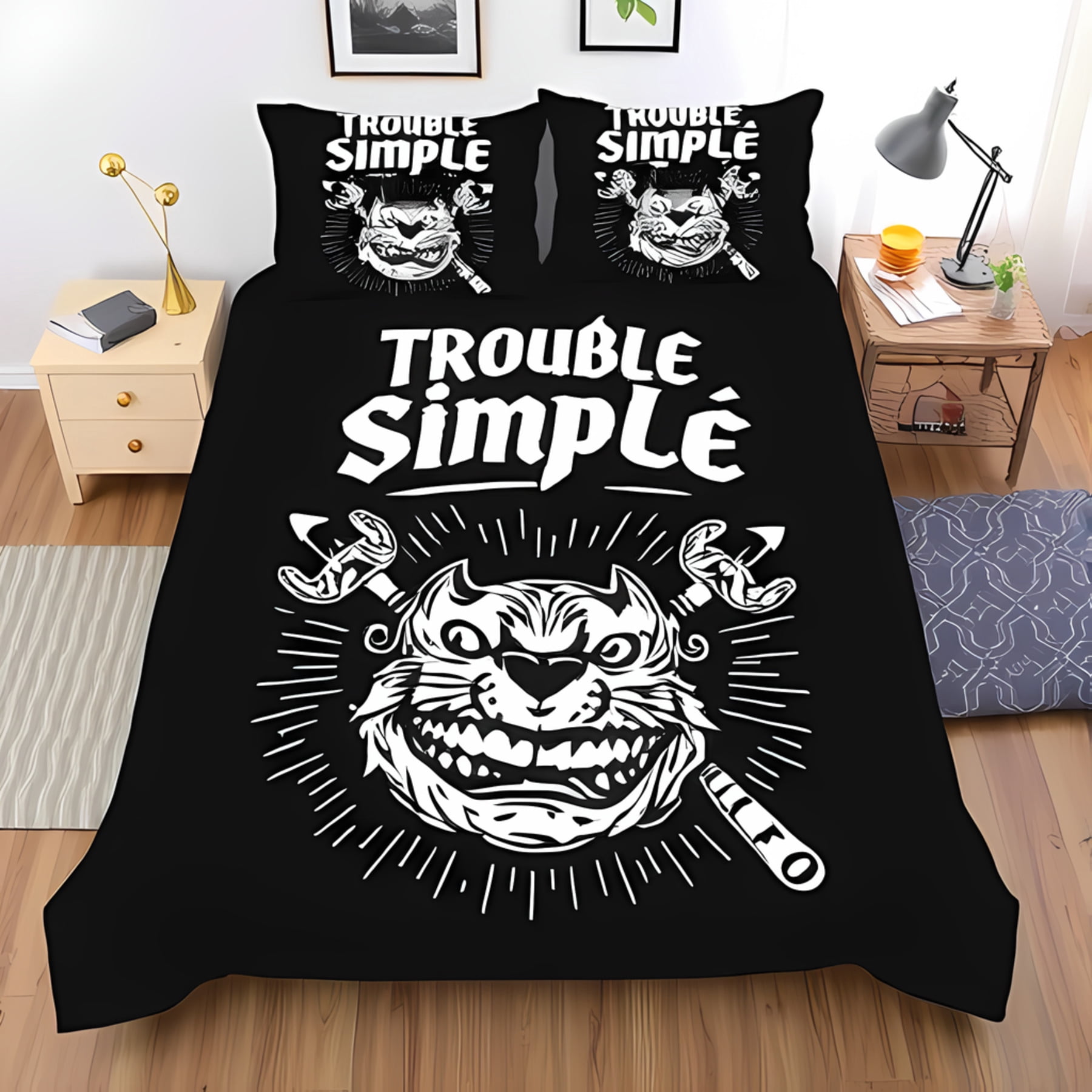 3-Piece Duvet Cover Set - Bold Black & White Graphic with 'TROUBLE ...