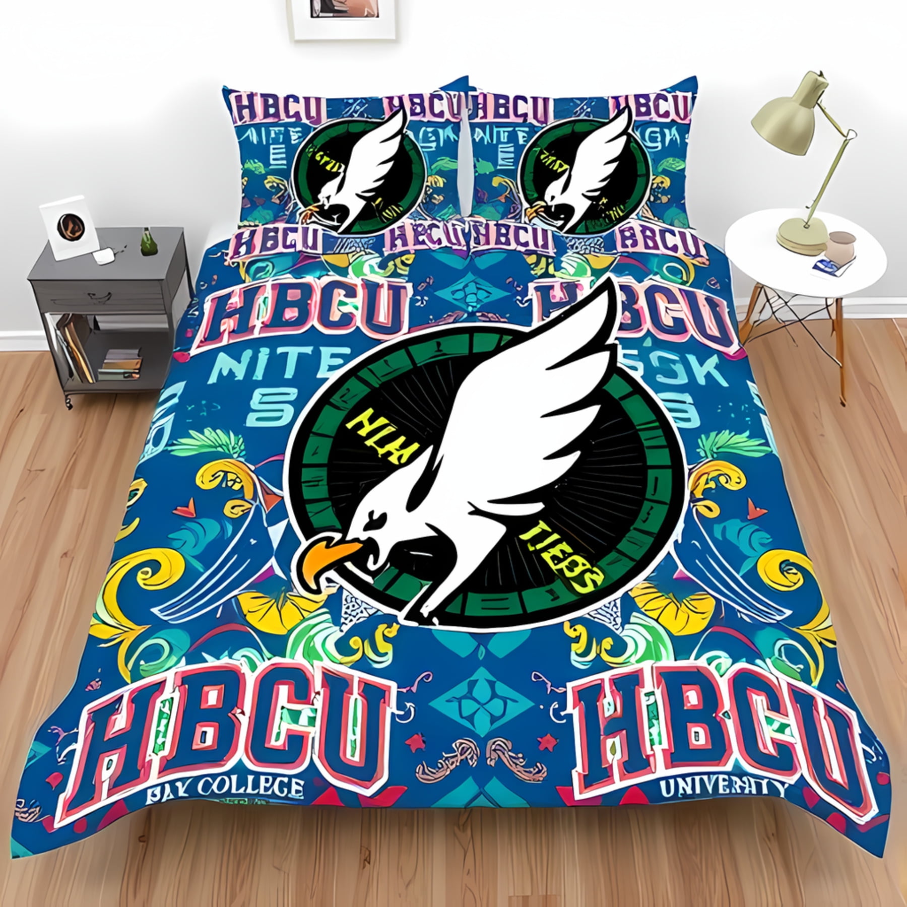 3-Piece Duvet Cover Set - Bold Blue HBCU Eagle Design with Patterns ...