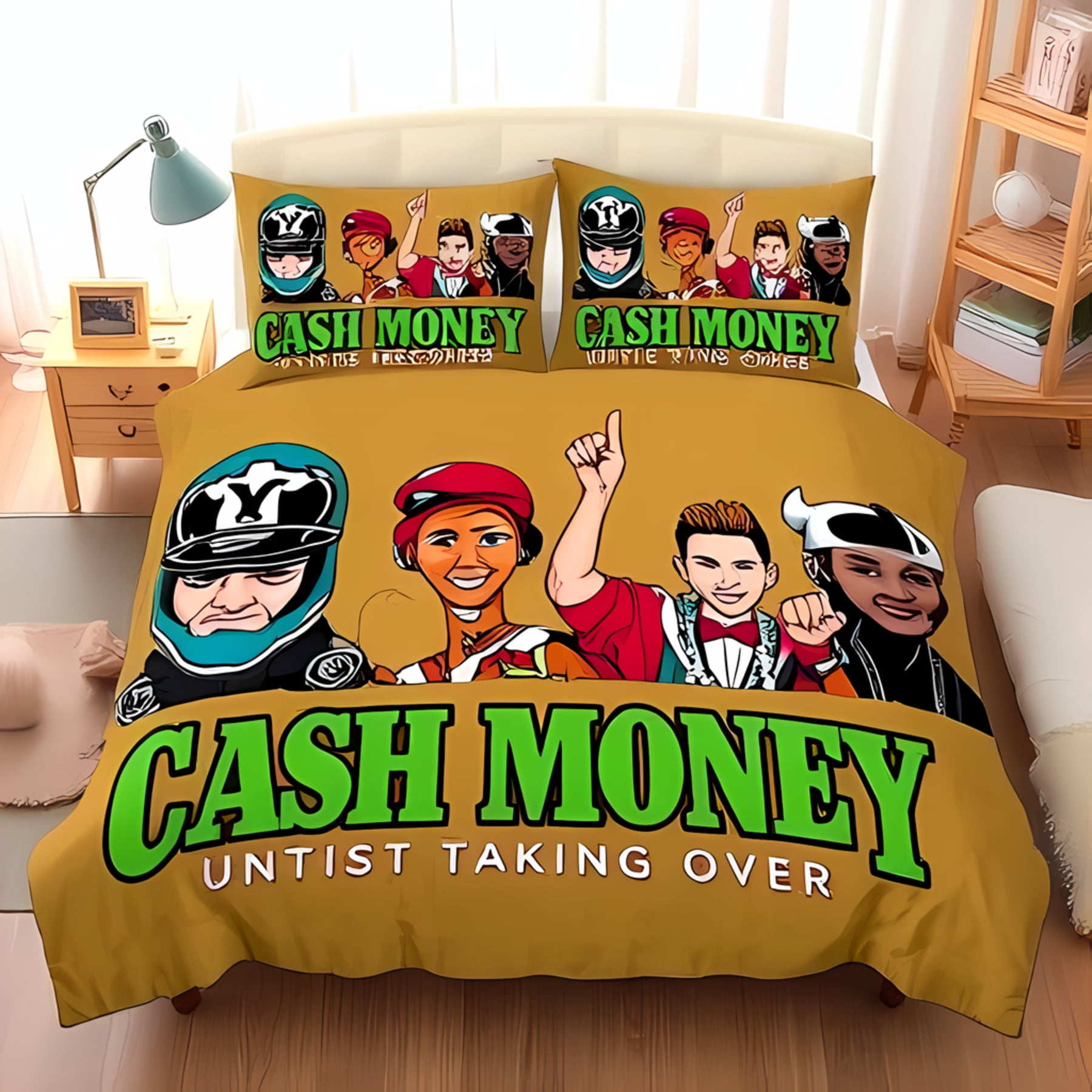 3-Piece Duvet Cover Set - Bold 'CASH MONEY' Design in Green on Golden ...