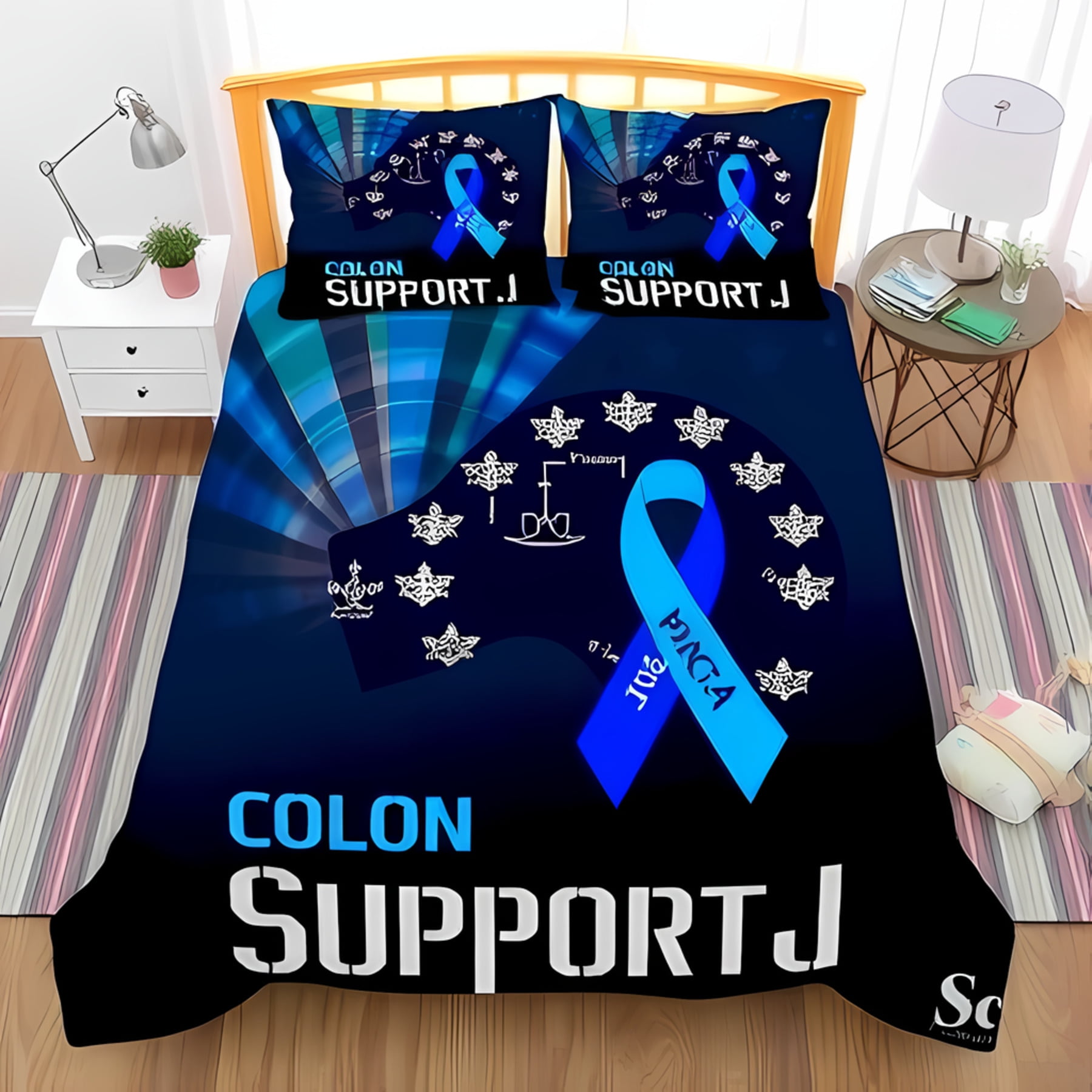 3-Piece Duvet Cover Set - Bold " COLON SUPPORT " Design with Blue ...