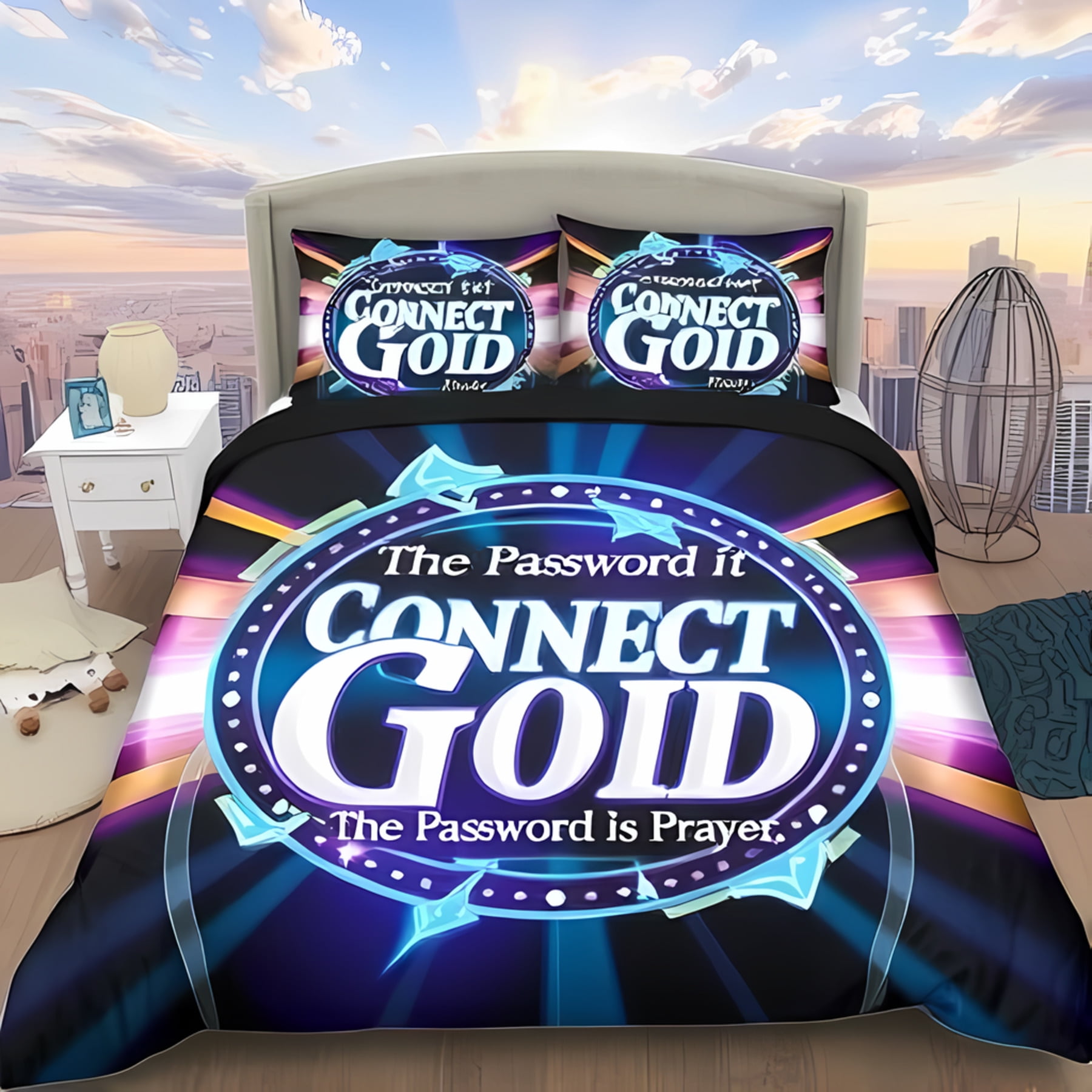 3-Piece Duvet Cover Set - Bold 'Connect God' Design with Lights & 'The ...