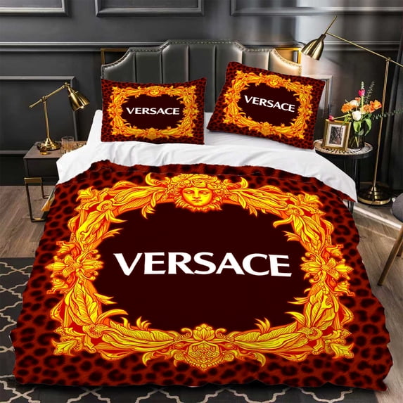 3-Piece Duvet Cover Set - Bold Dark Red with Golden Floral Patterns ...