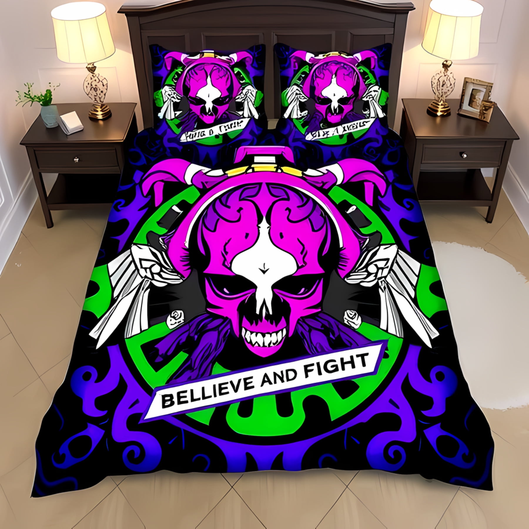 3-Piece Duvet Cover Set - Bold Design with Floral Motifs Deep Purple ...