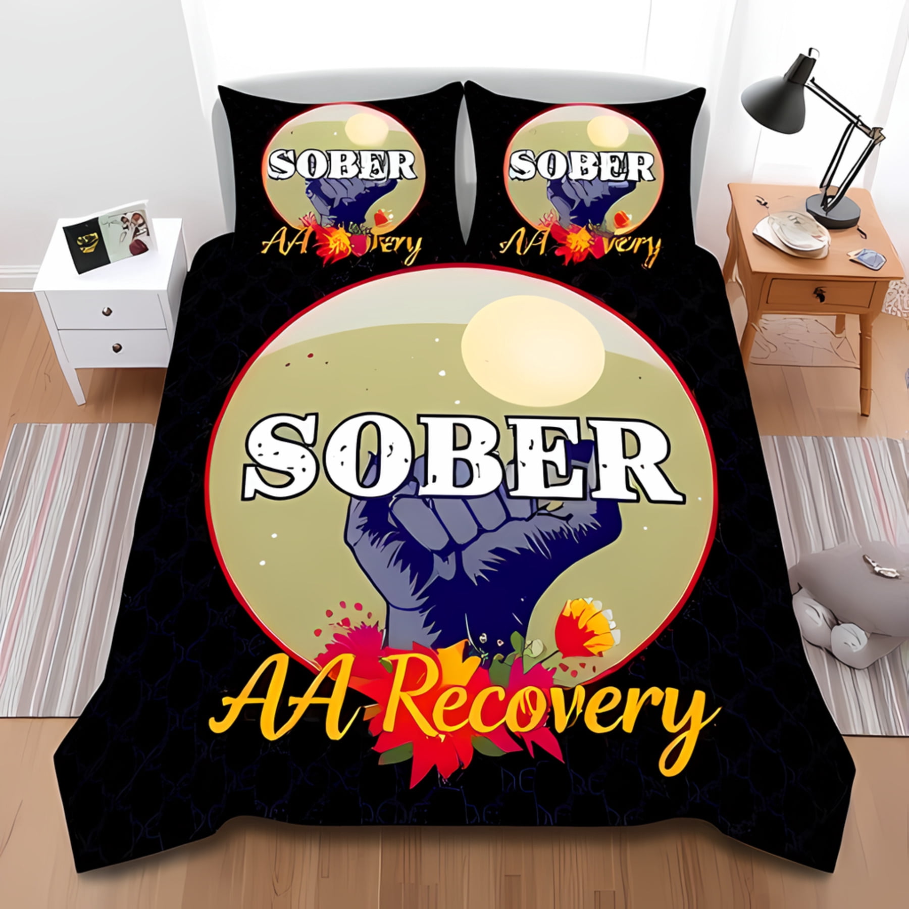 3-Piece Duvet Cover Set with Bold Fist Design 'SOB' & 'AA Recovery ...