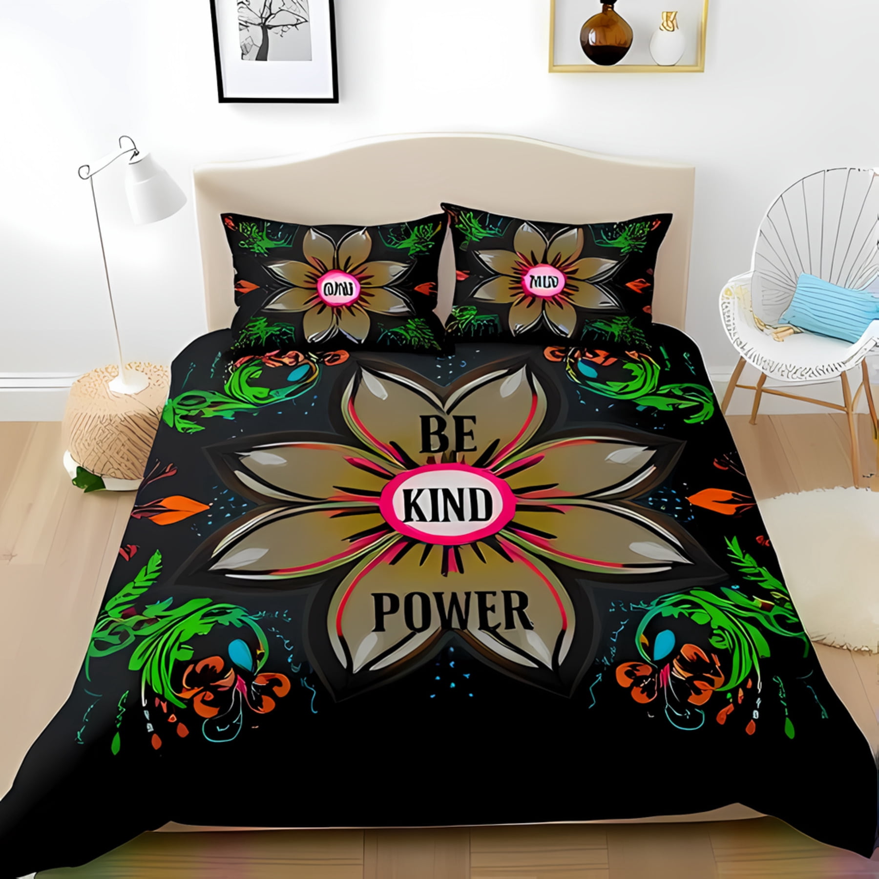3-Piece Duvet Cover Set - Bold Floral Design with "BE KIND" Message ...
