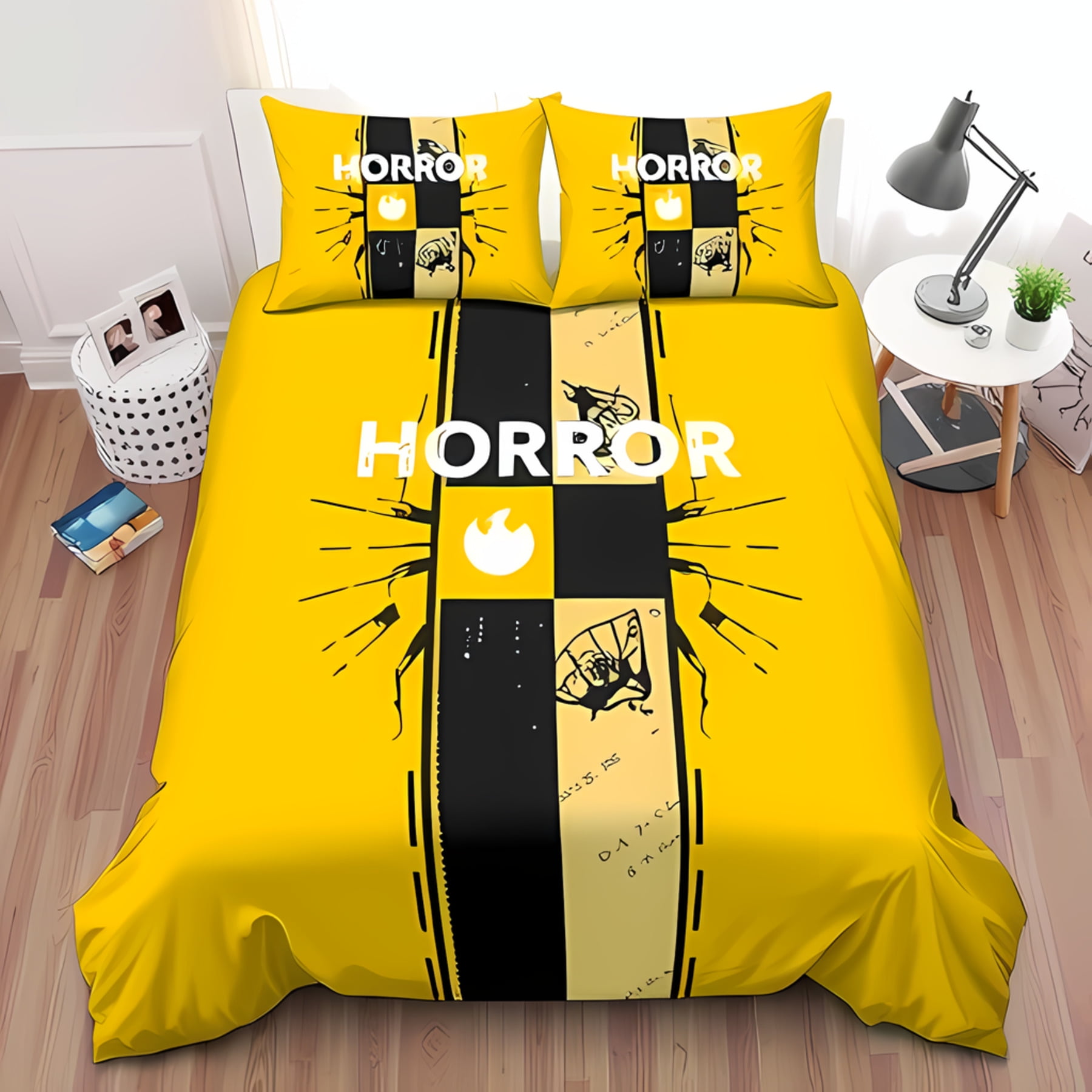 3-Piece Duvet Cover Set - Bold 'HORROR' Design with Black Stripes ...