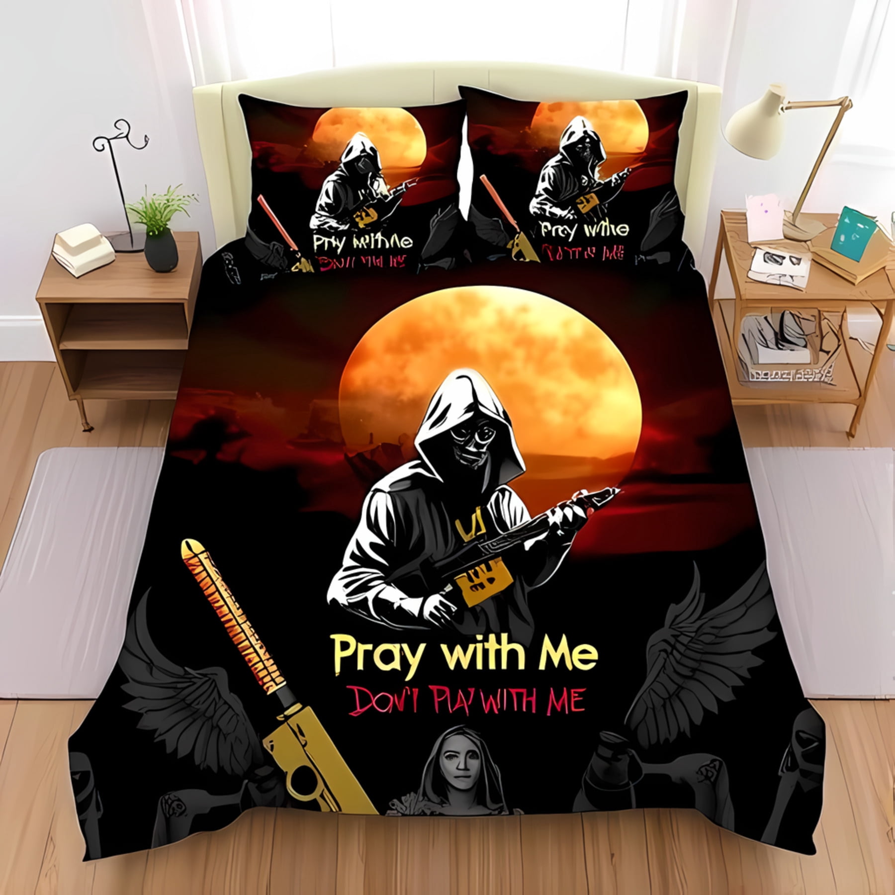 3-Piece Duvet Cover Set - Bold Hooded Figure Design with "Pray with Me ...