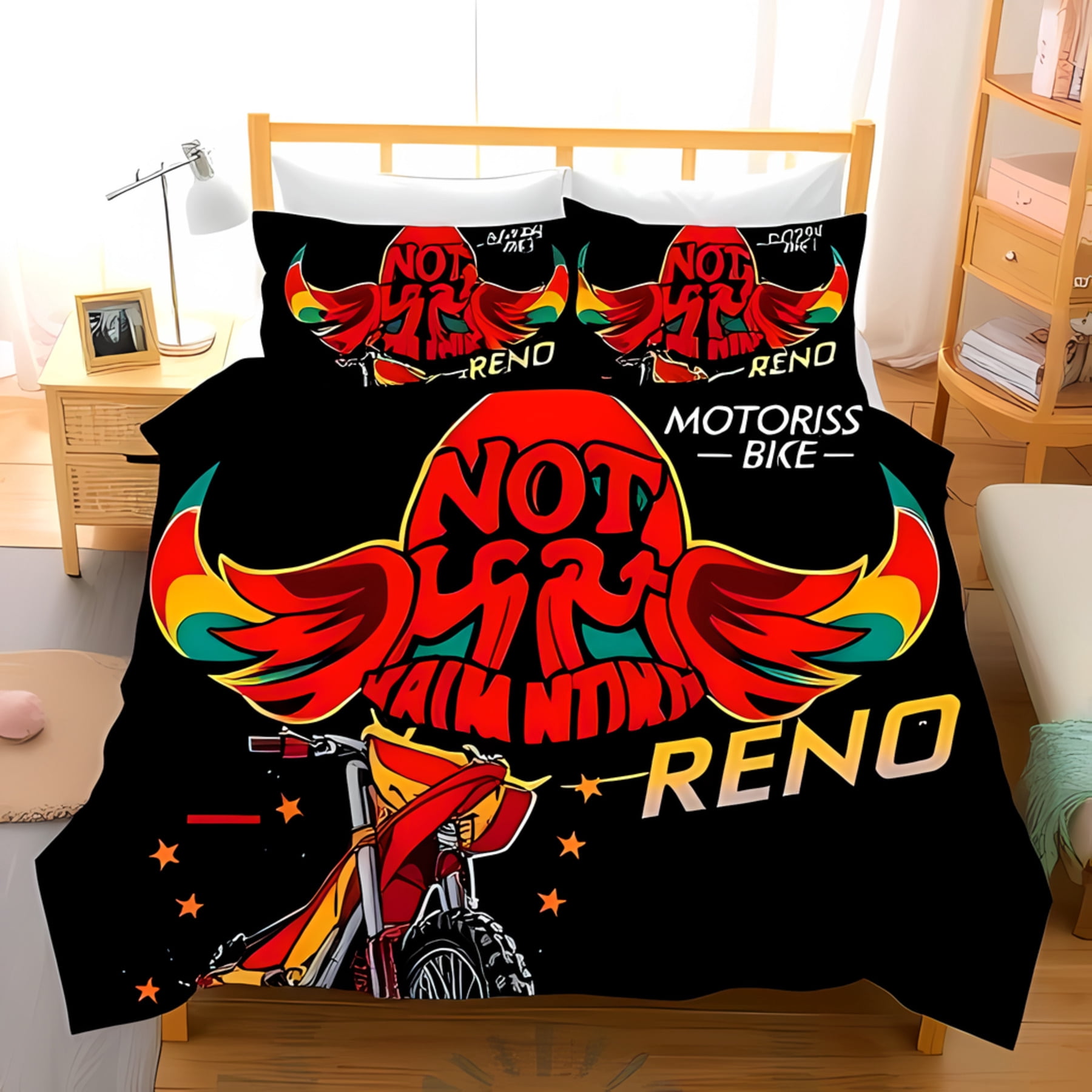 3-Piece Duvet Cover Set - Bold Motorcycle Design with Wings & " NOT ...