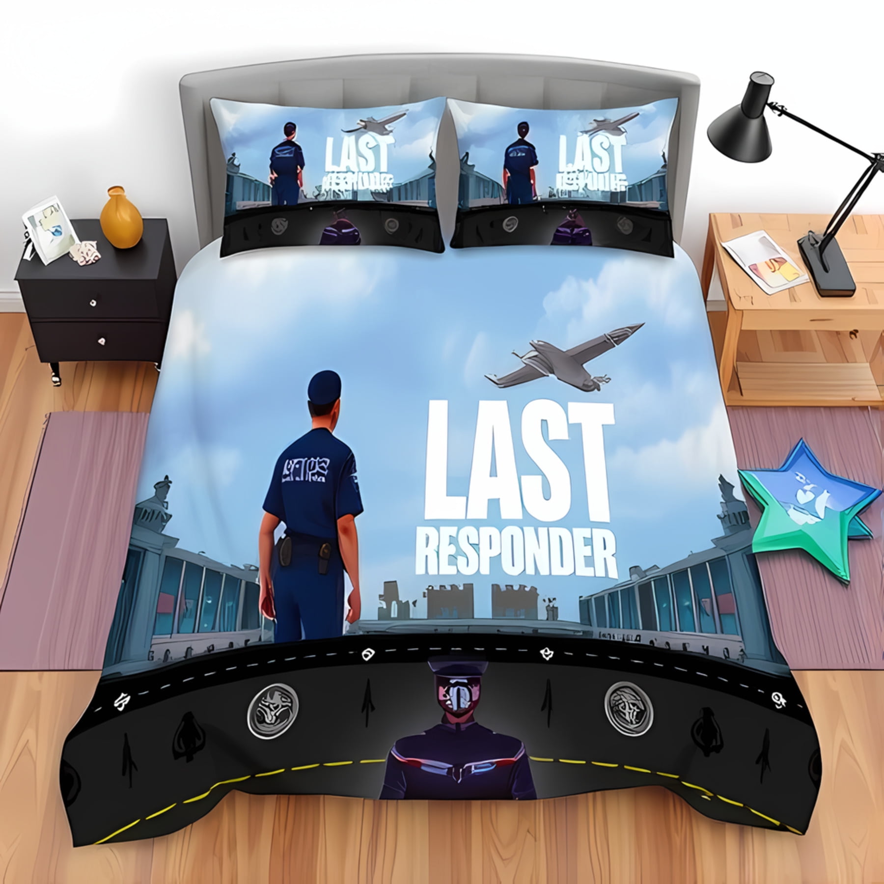 3-Piece Duvet Cover Set - Bold Officer Design with Skyscraper & Fighter ...