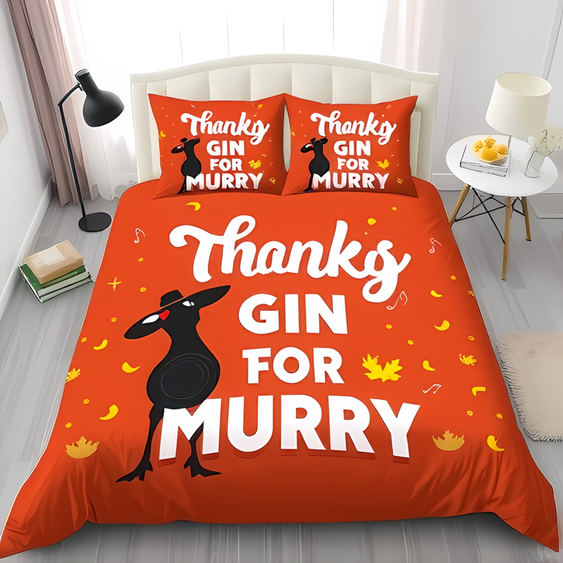 3-Piece Duvet Cover Set - Bold Orange Design with Whimsical Black Bird ...