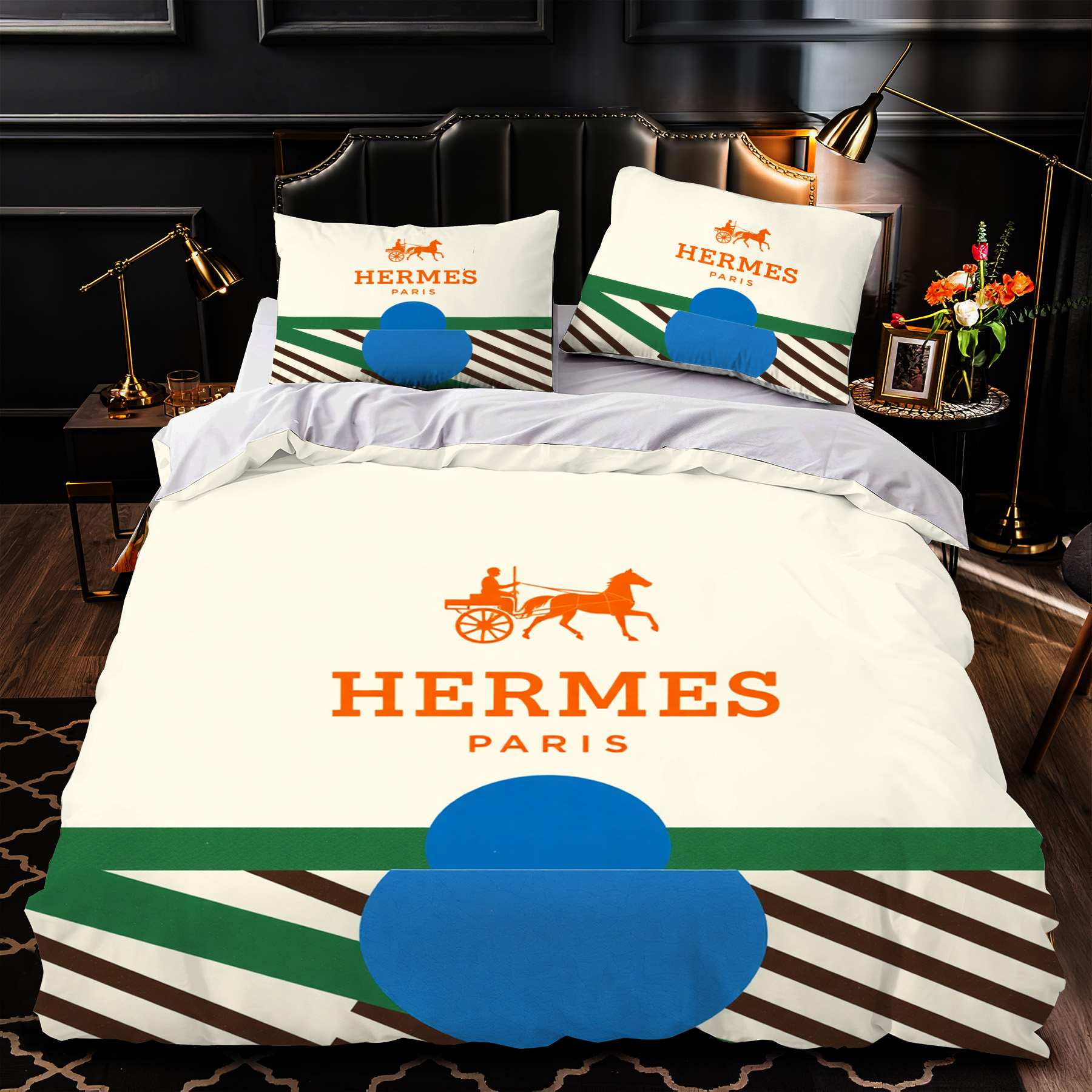 3-Piece Duvet Cover Set - Bold Orange Text & Horse - Drawn Carriage ...