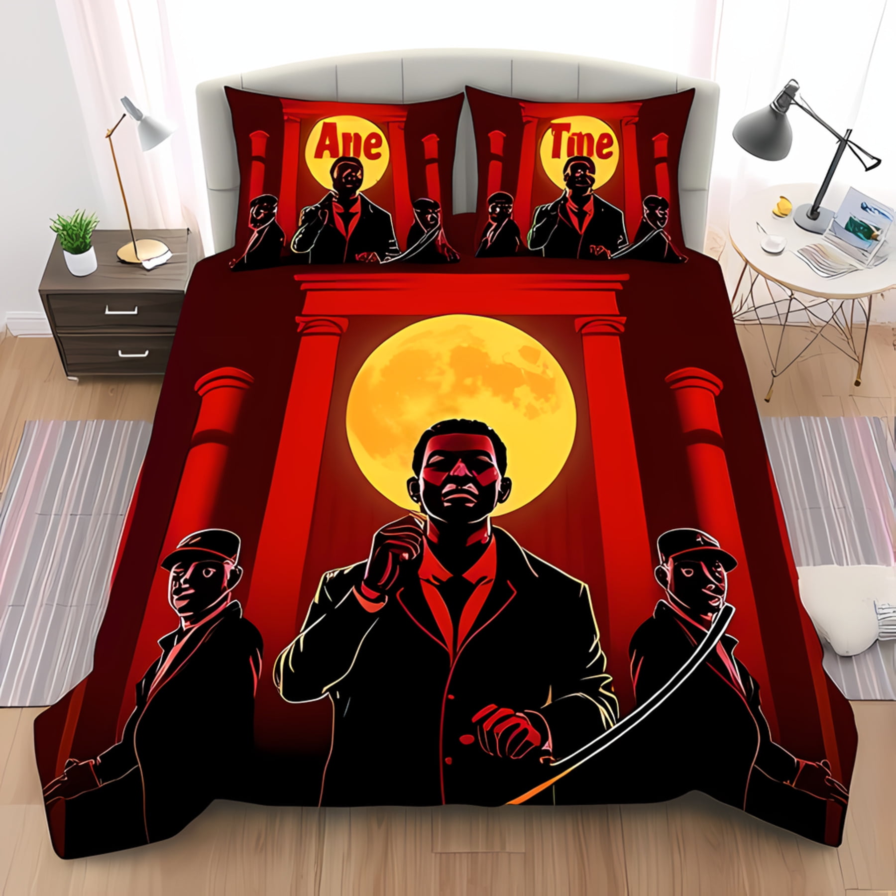 3-Piece Duvet Cover Set - Bold Red Design with Heroic Figures Full Moon ...