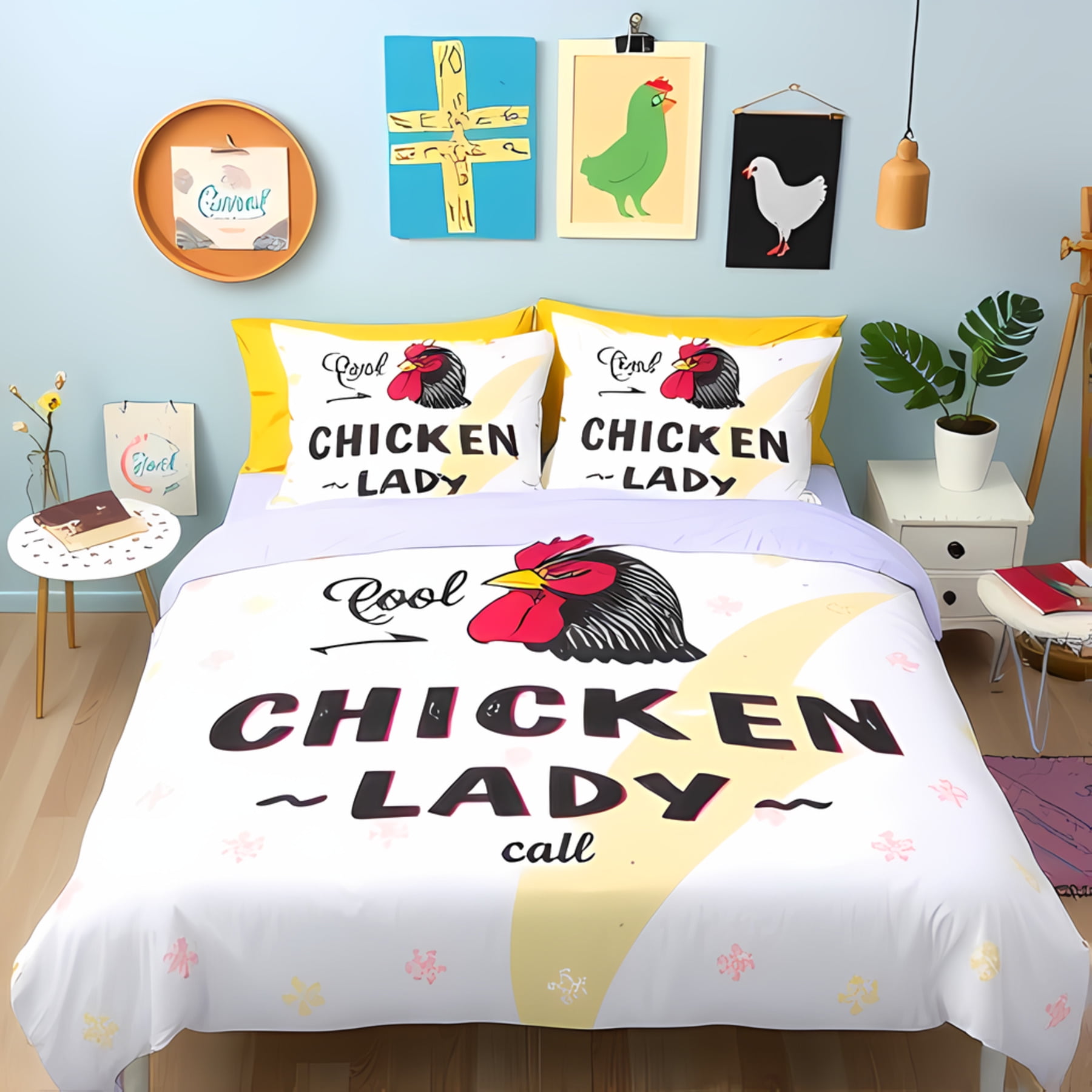 3-Piece Duvet Cover Set with Bold Rooster Graphic & 'Cool Chicken Lady ...
