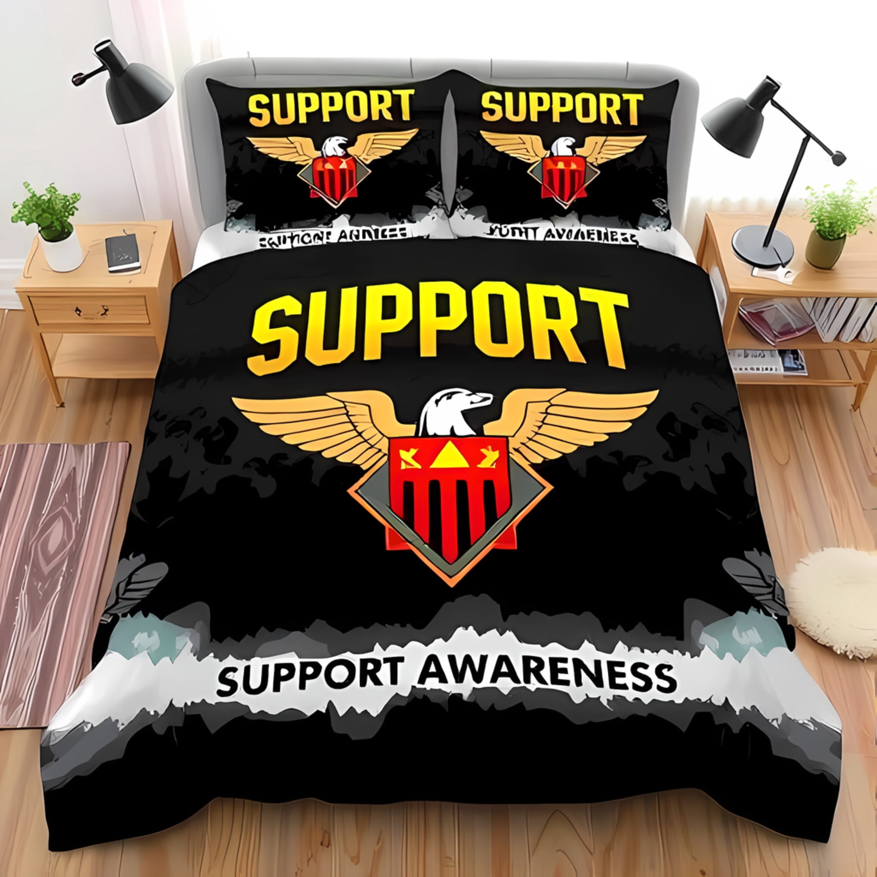 3-Piece Duvet Cover Set - Bold 'SUPPORT' Design with Wings & Motif Dark ...