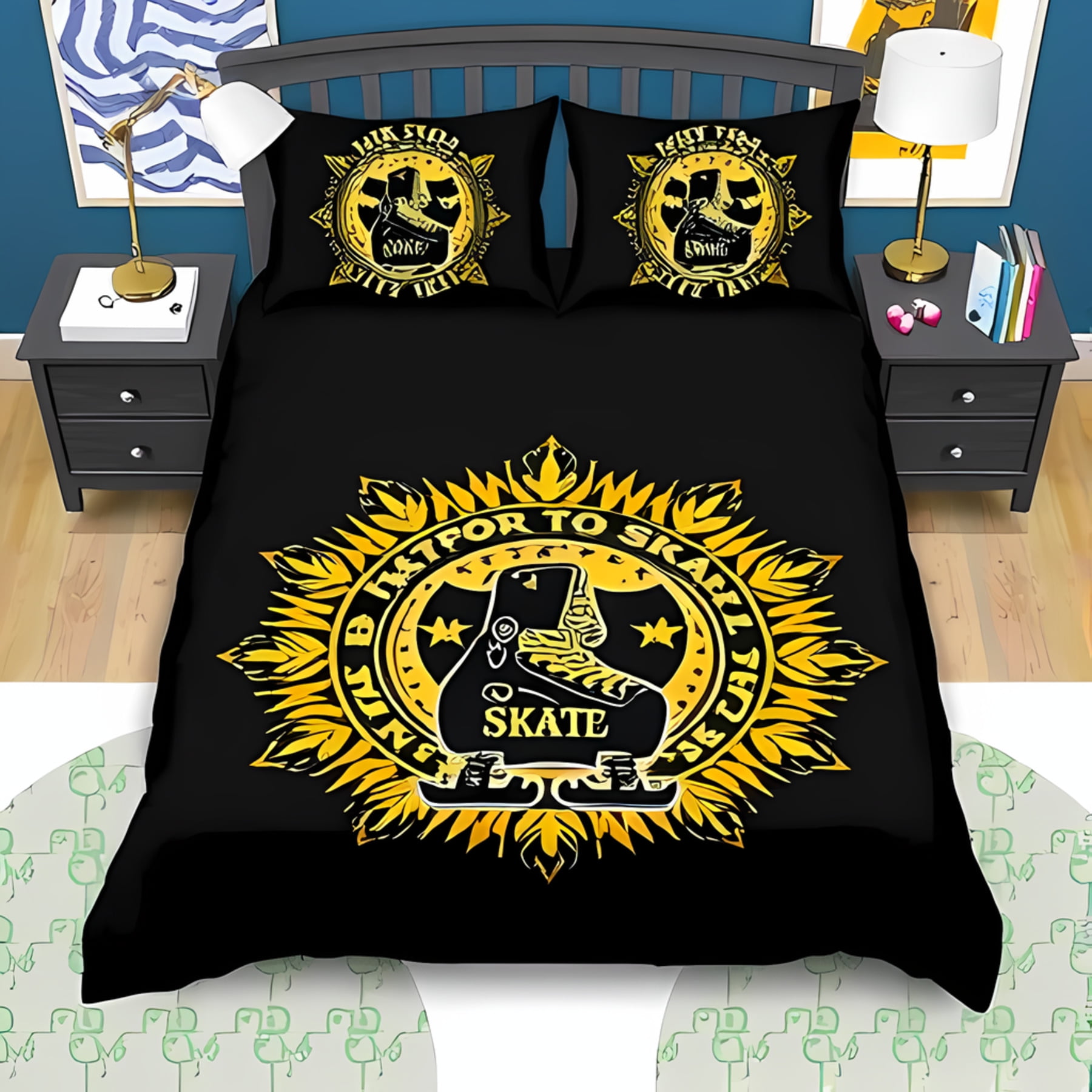 3-Piece Duvet Cover Set with Bold Skateboard Design - " SKATE PARADE ...