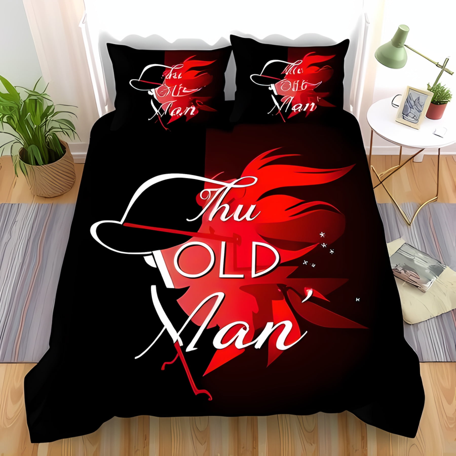 3-Piece Duvet Cover Set - Bold "The Old Man" Design in Black & Red with ...