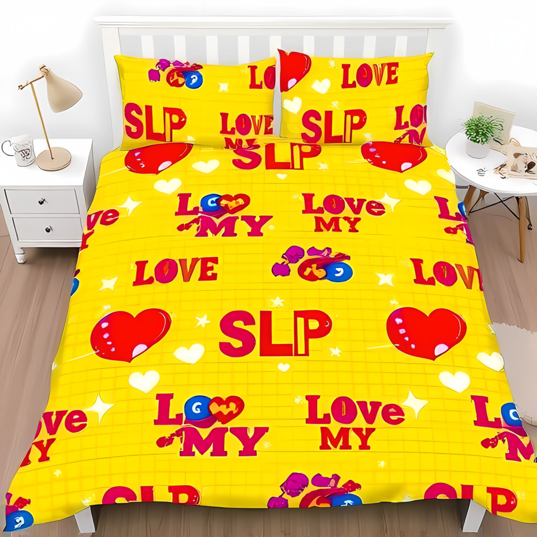 3-Piece Duvet Cover Set - Bright Yellow with Playful Hearts Stars ...
