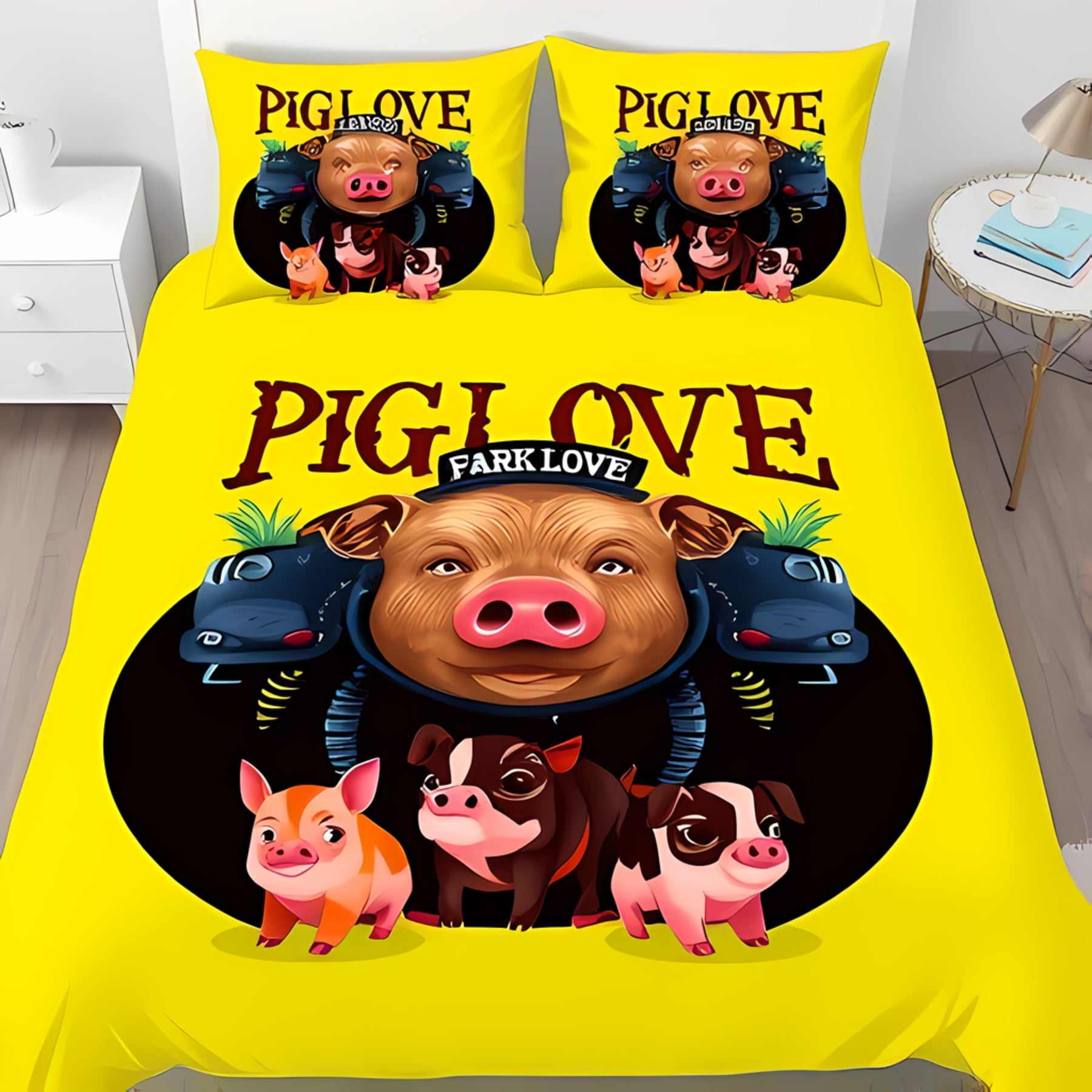 3-Piece Duvet Cover Set - Bright Yellow with Smiling Pig Design ...