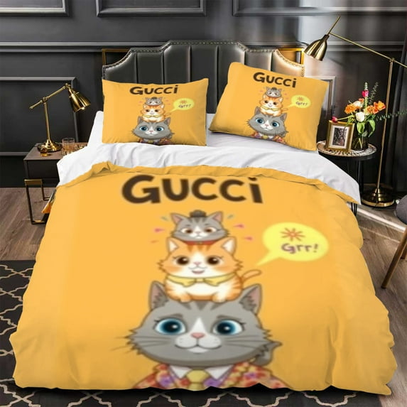 3-Piece Duvet Cover Set - Cartoon Cat in Suit & Tie Yellow Background ...