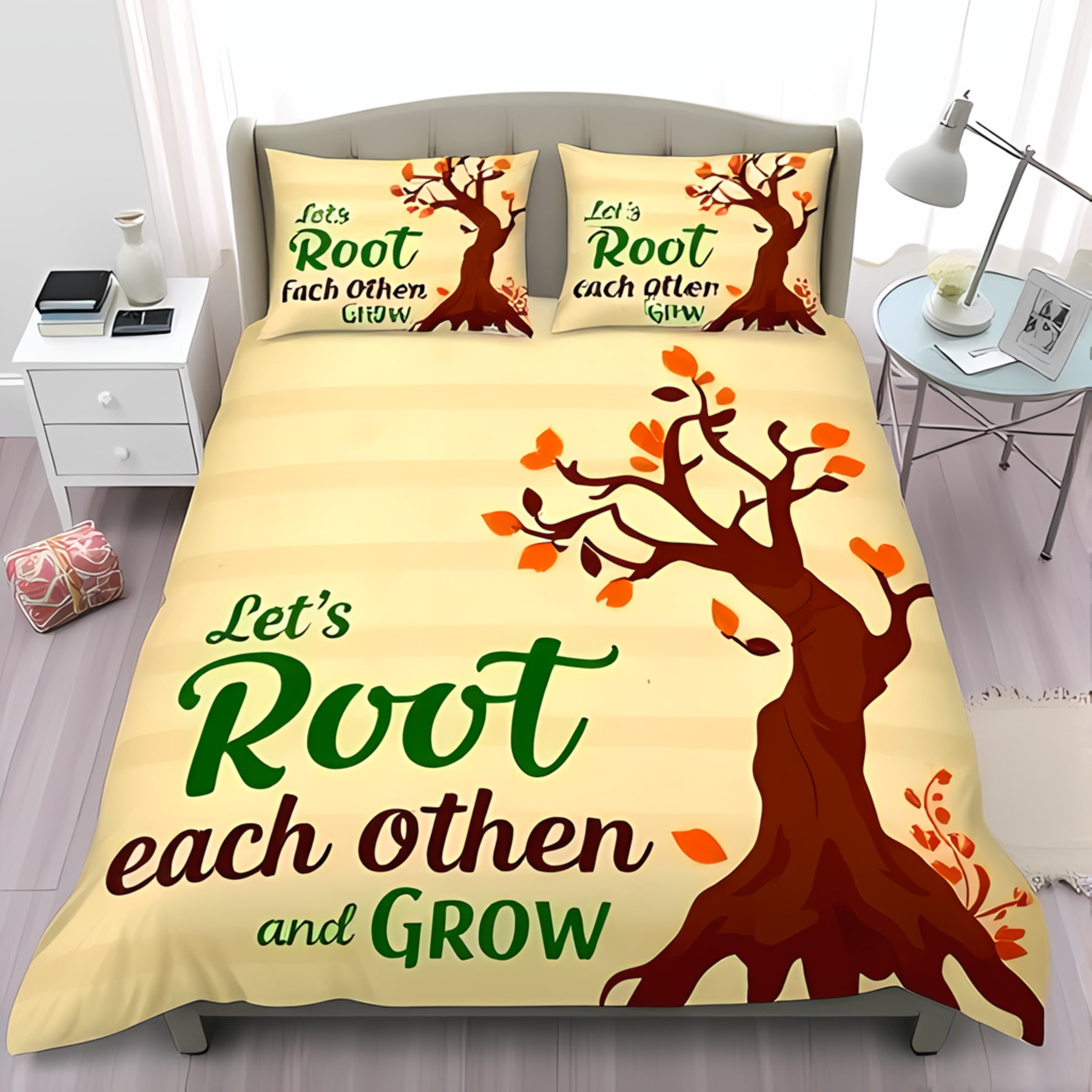 3-Piece Duvet Cover Set with Charming Tree Illustration & Autumn Leaves ...