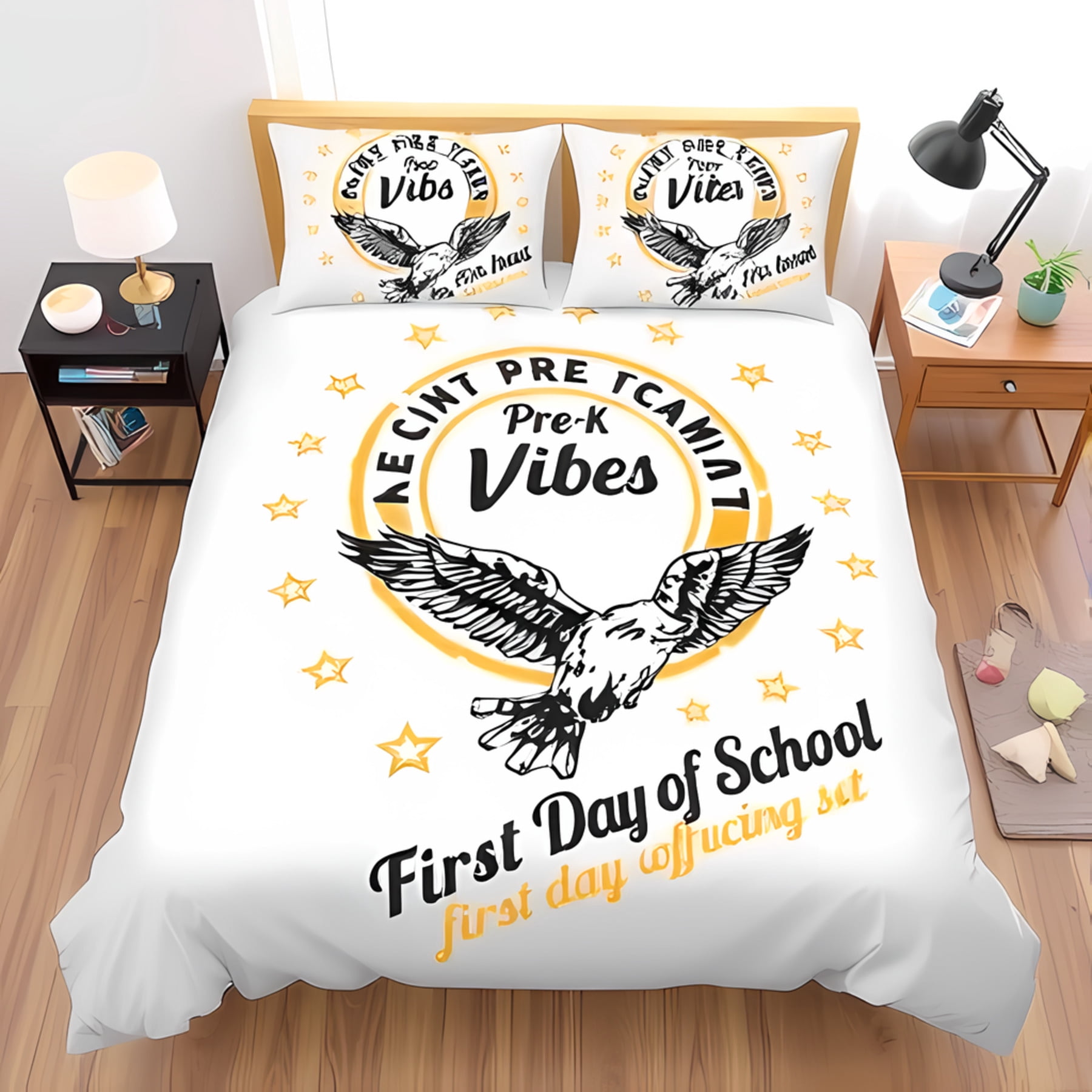 3-Piece Duvet Cover Set - Cheerful 'First Day of School' Design with ...