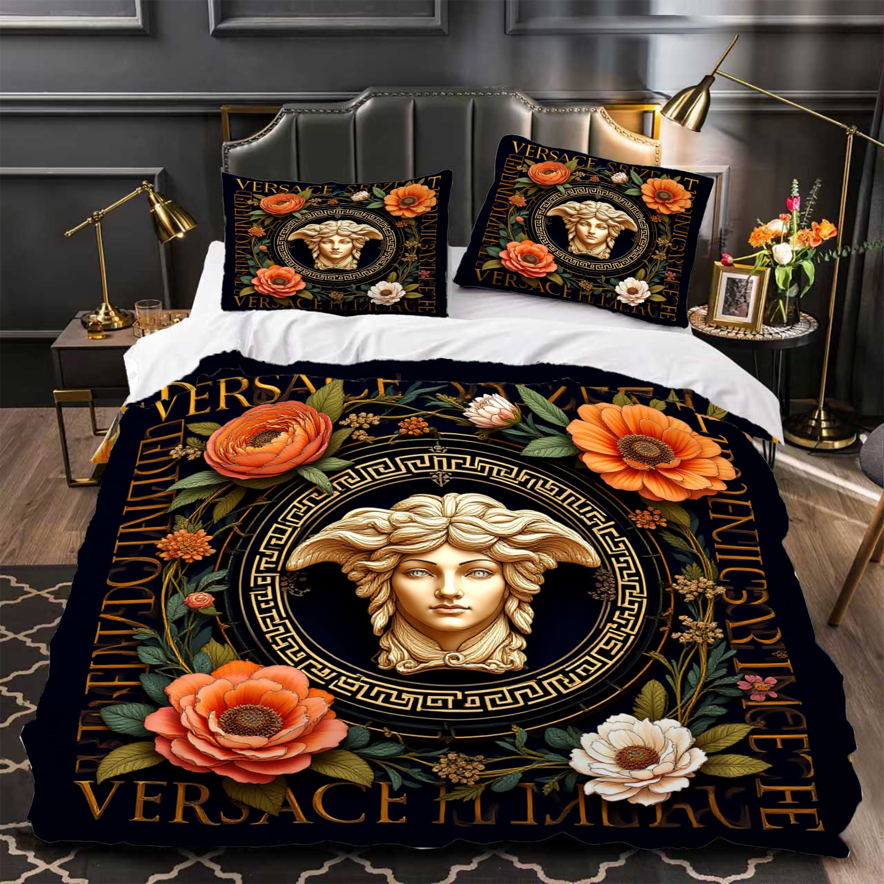 3-Piece Duvet Cover Set - Classical Statue & Vibrant Floral Design ...