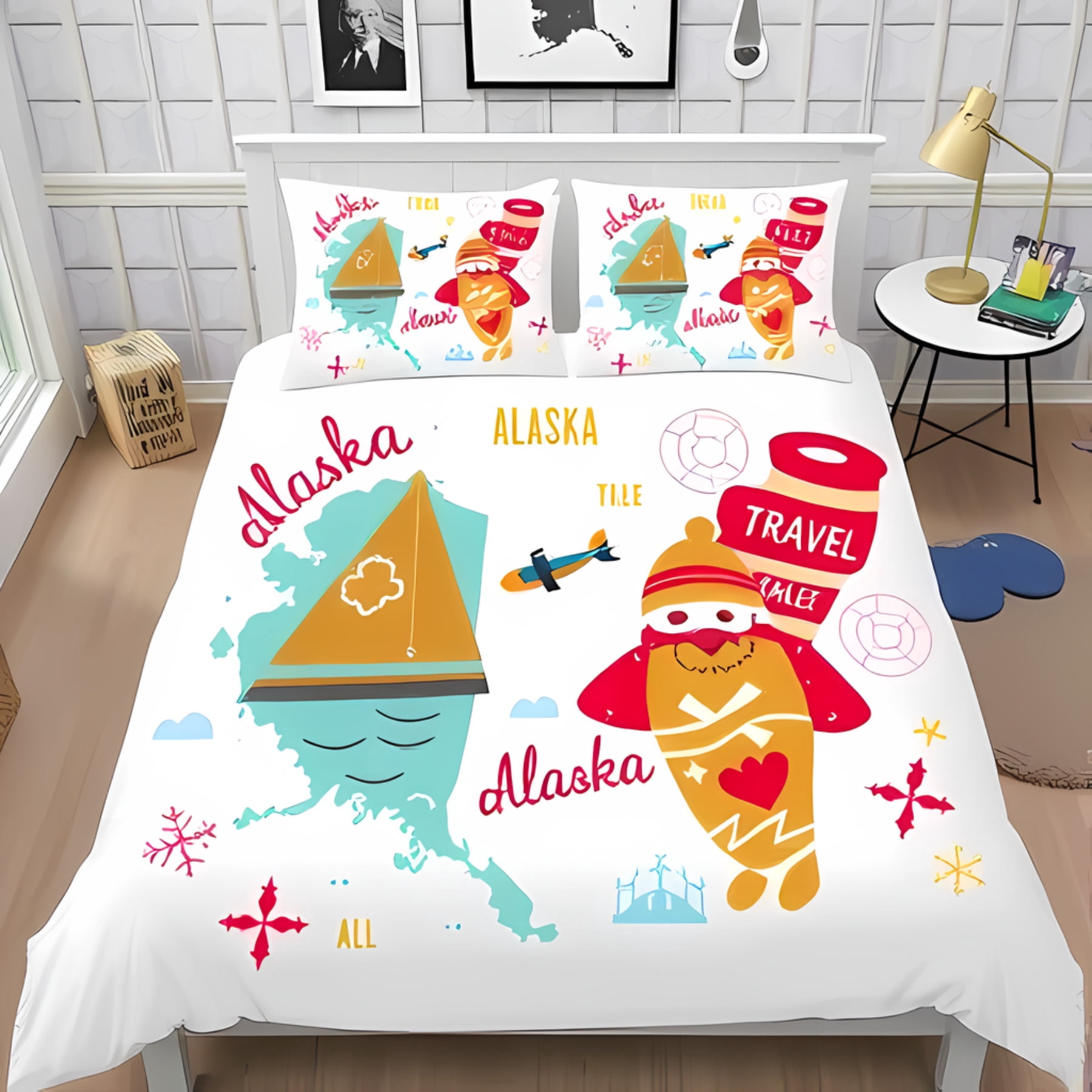 3-Piece Duvet Cover Set with Colorful Alaska Map & Whimsical Travel ...