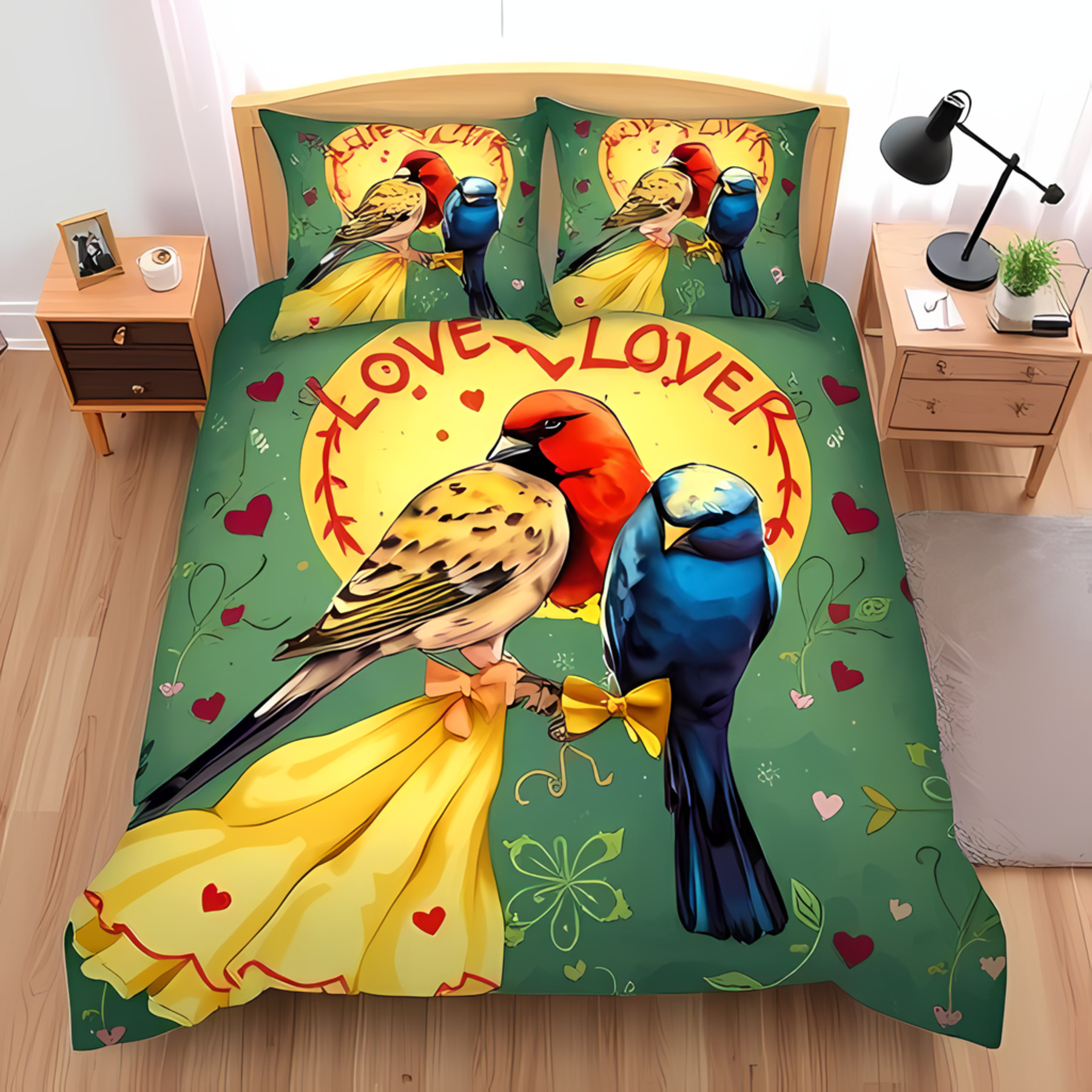 3-Piece Duvet Cover Set with Colorful Bird Illustration in Yellow and ...