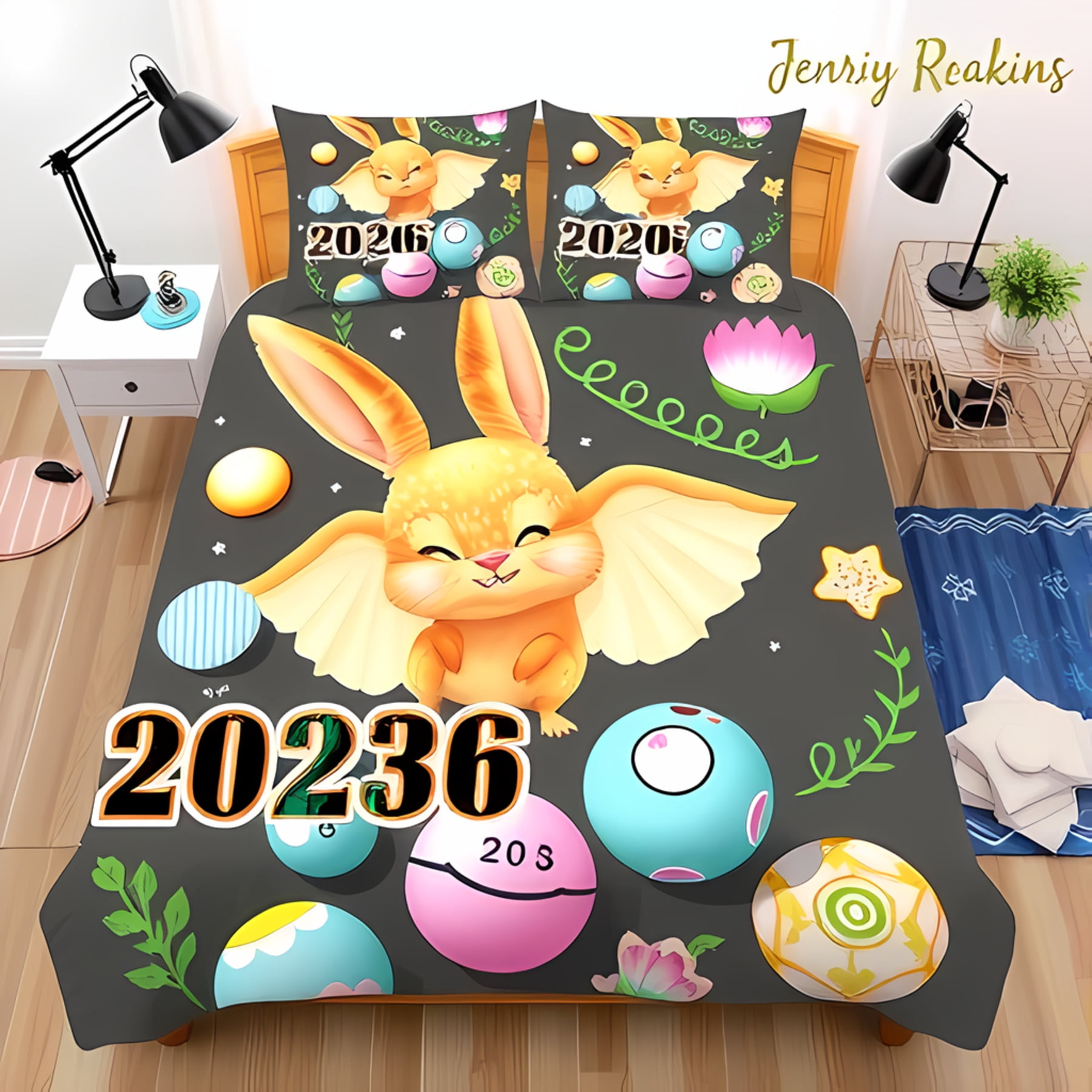 3-Piece Duvet Cover Set with Colorful Cartoon Rabbit & Winged Design ...