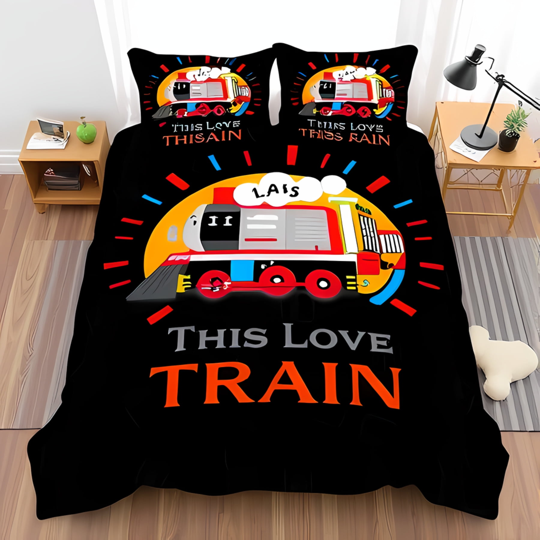 3-Piece Duvet Cover Set - Colorful Cartoon Train Motif with " THIS LOVE ...