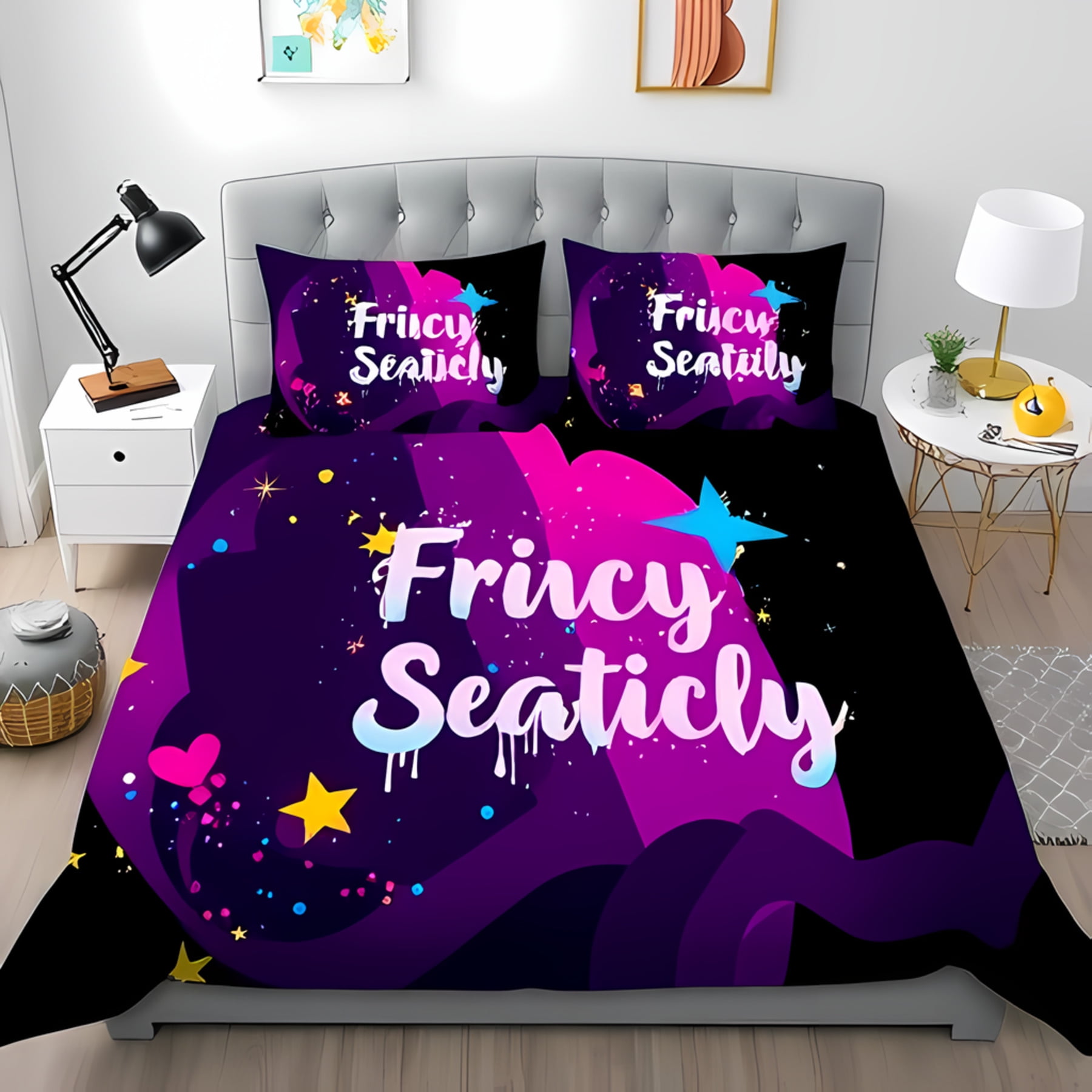 3-Piece Duvet Cover Set - Colorful Cat & Star Pattern on Dark Purple ...