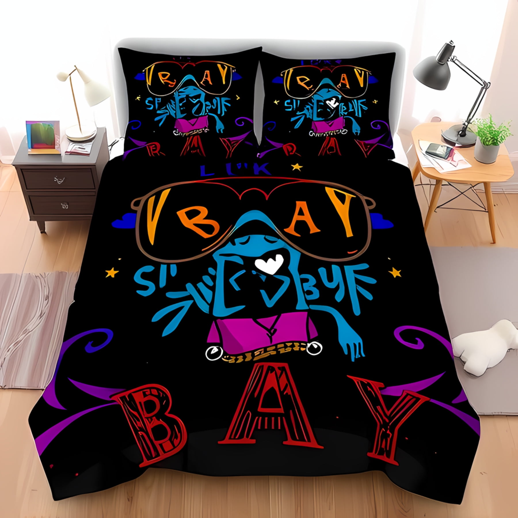 3-Piece Duvet Cover Set with Colorful Character Design - Black ...