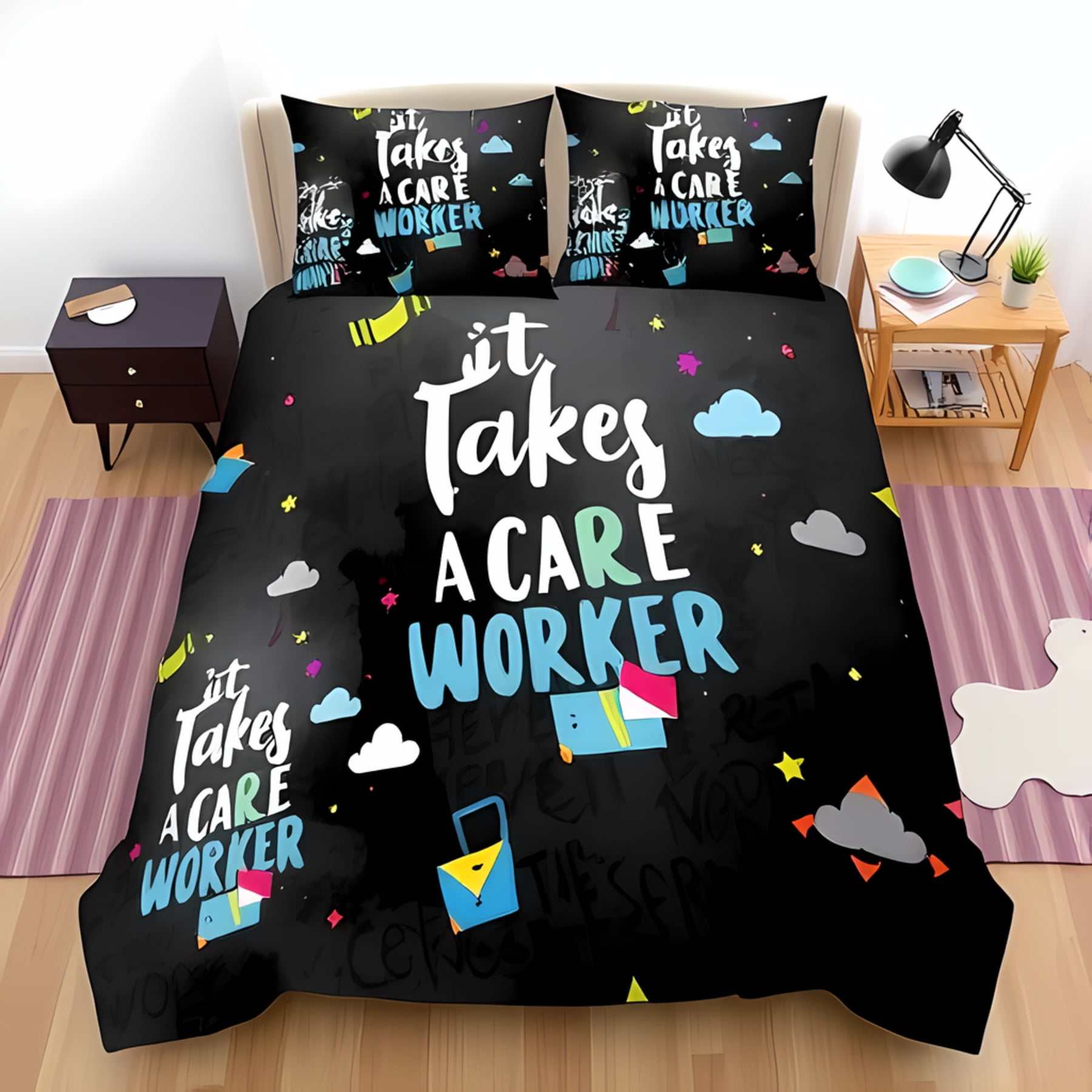 3-Piece Duvet Cover Set with Colorful Clouds Stars & Playful Blue ...