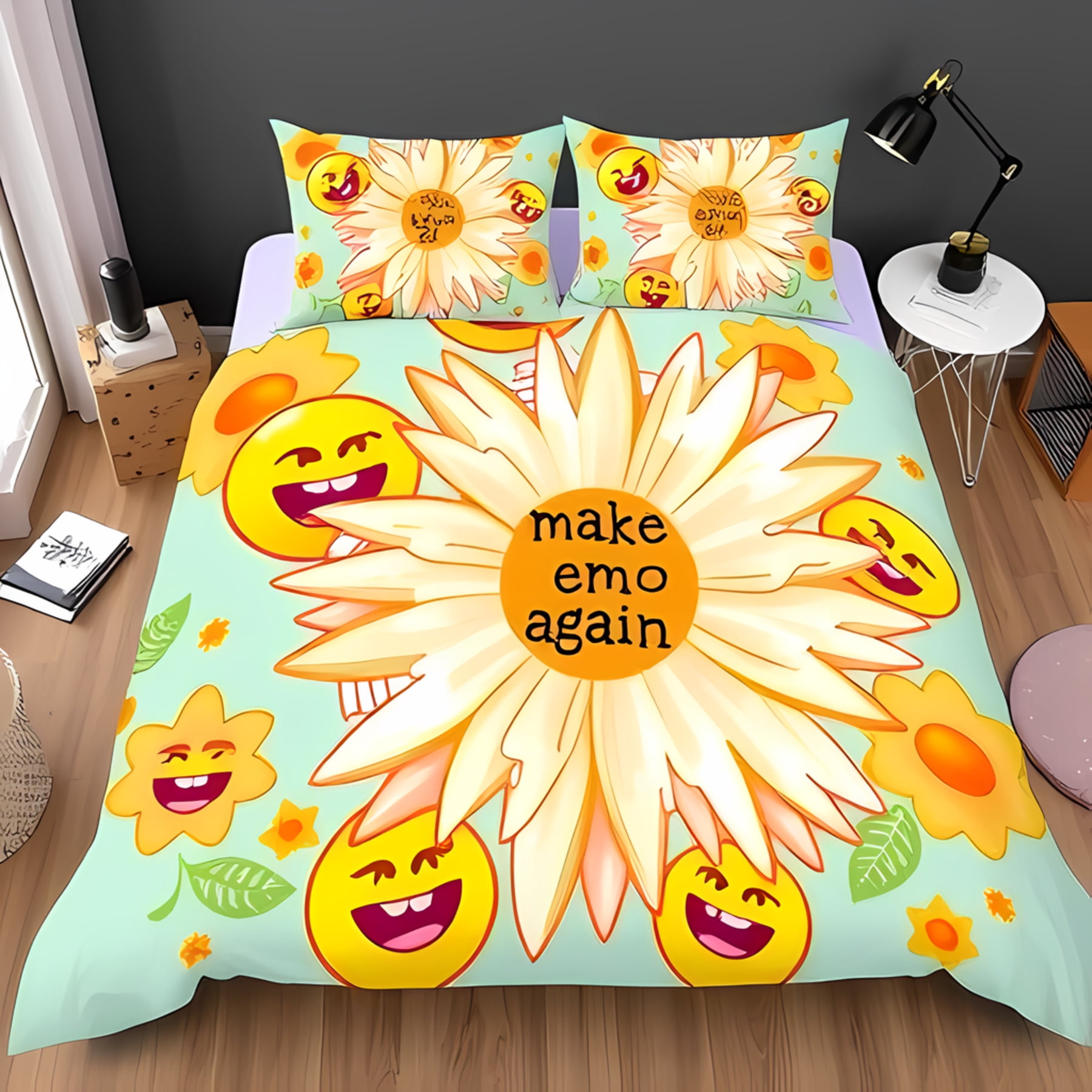 3-Piece Duvet Cover Set - Colorful Daisy Design with 'Make Emo Again ...