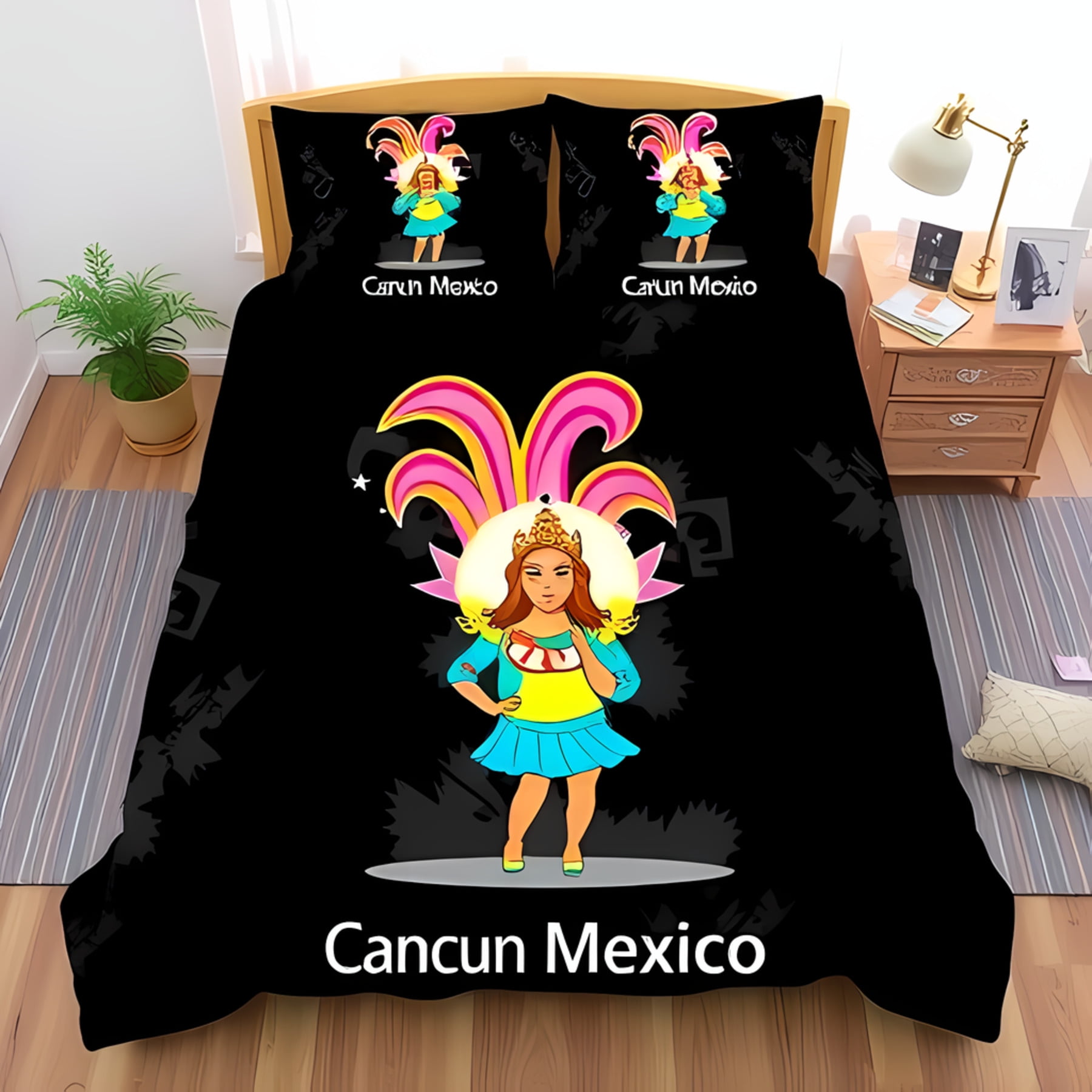 3-Piece Duvet Cover Set with Colorful Female Figure Design & Elaborate ...