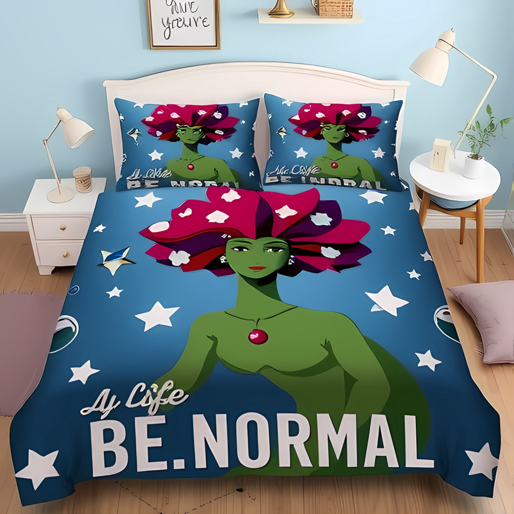3-Piece Duvet Cover Set with Colorful Green - Skinned Woman & Floral ...