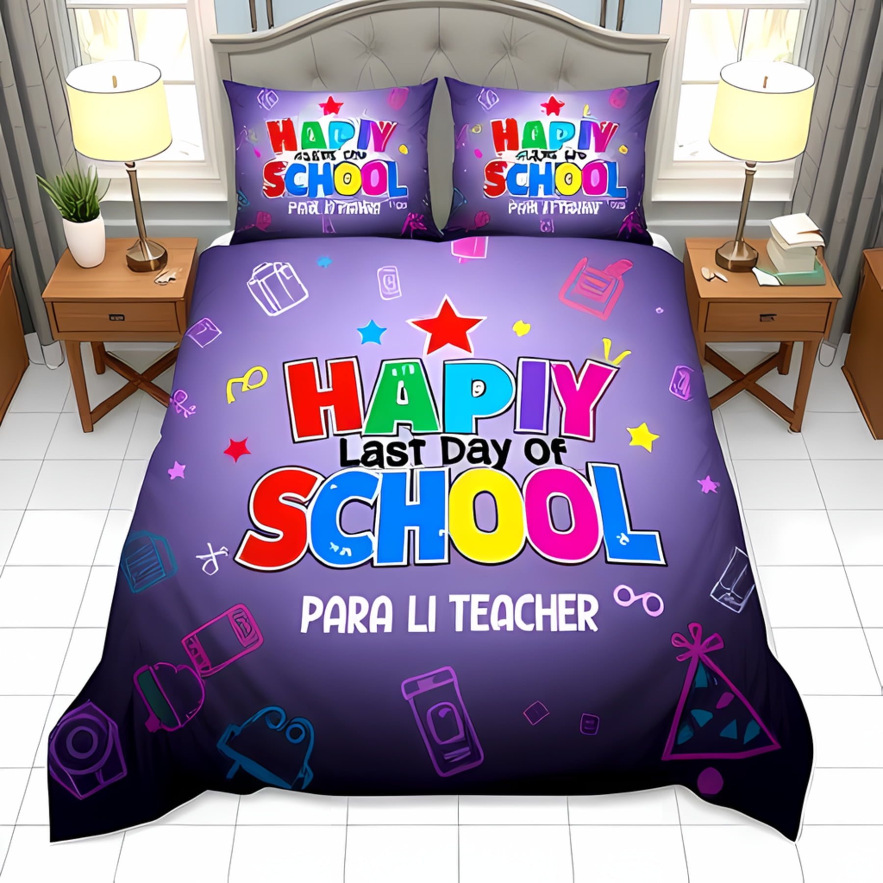 3-Piece Duvet Cover Set - Colorful " HAPPY Last Day of SCHOOL " Design ...