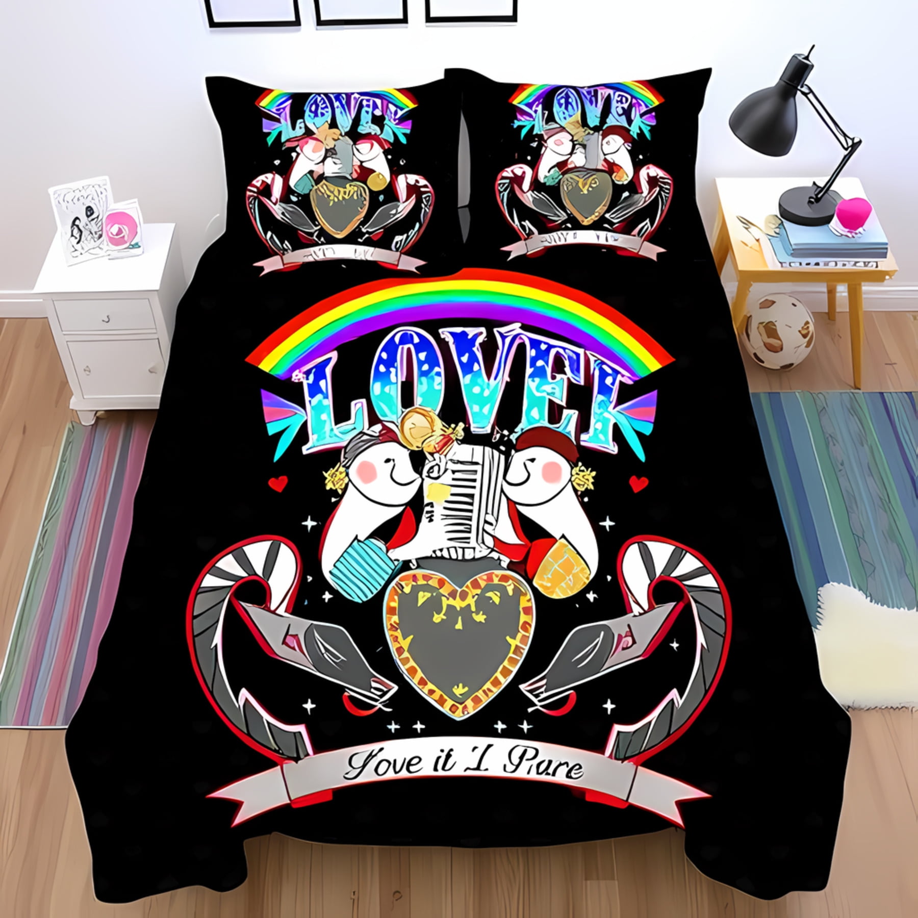 3-Piece Duvet Cover Set - Colorful Heart & Crown Design with Rainbow ...