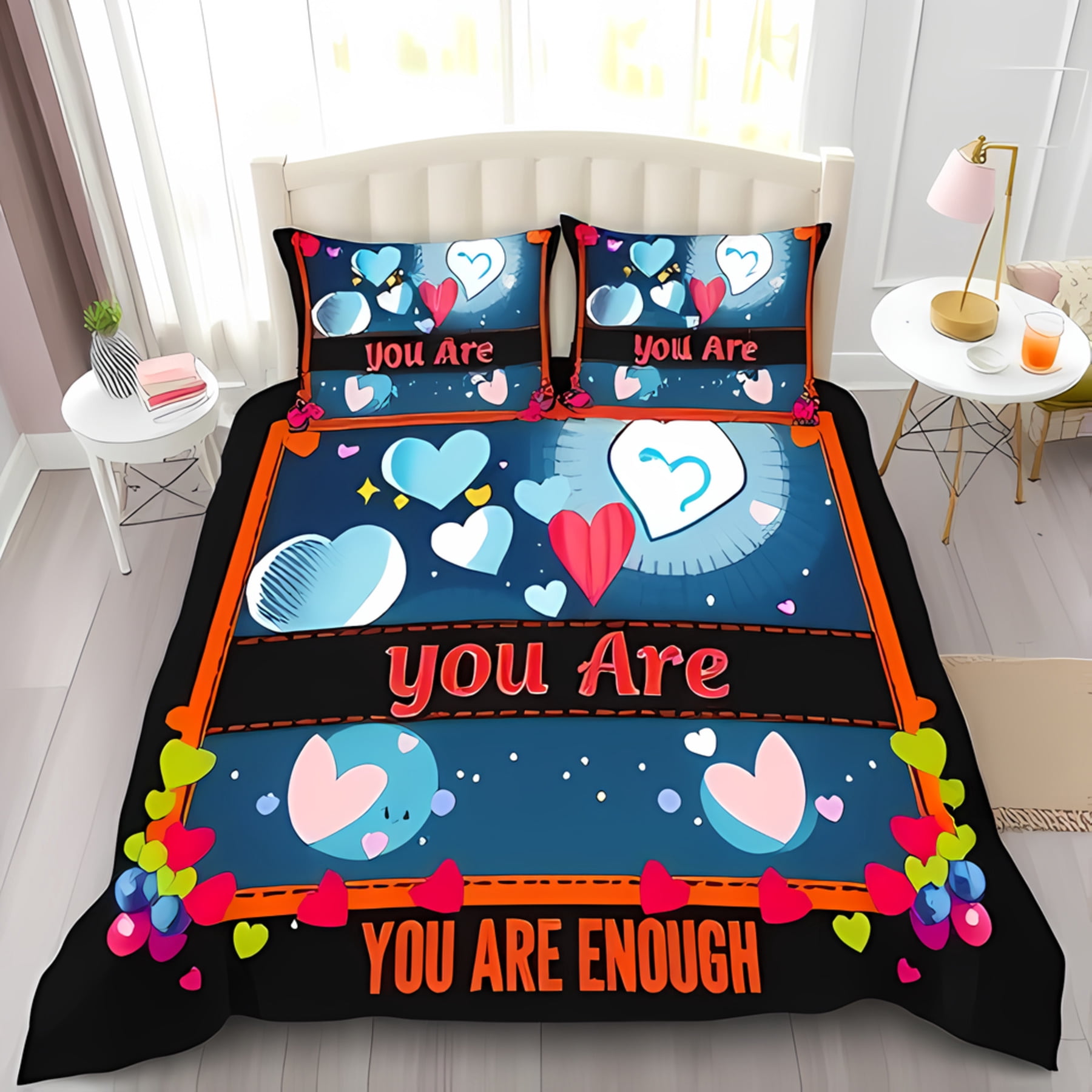 3-Piece Duvet Cover Set - Colorful Heart Pattern with 'YOU Are Enough ...