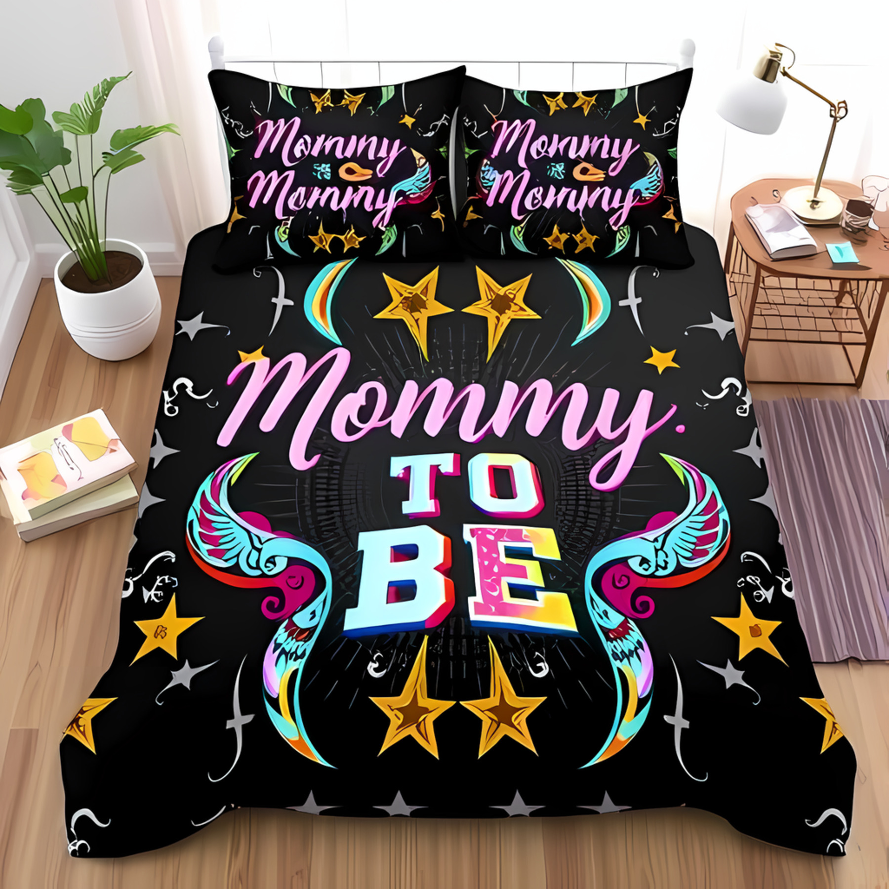 3-Piece Duvet Cover Set - Colorful 'Mommy TO BE' Design with Stars ...