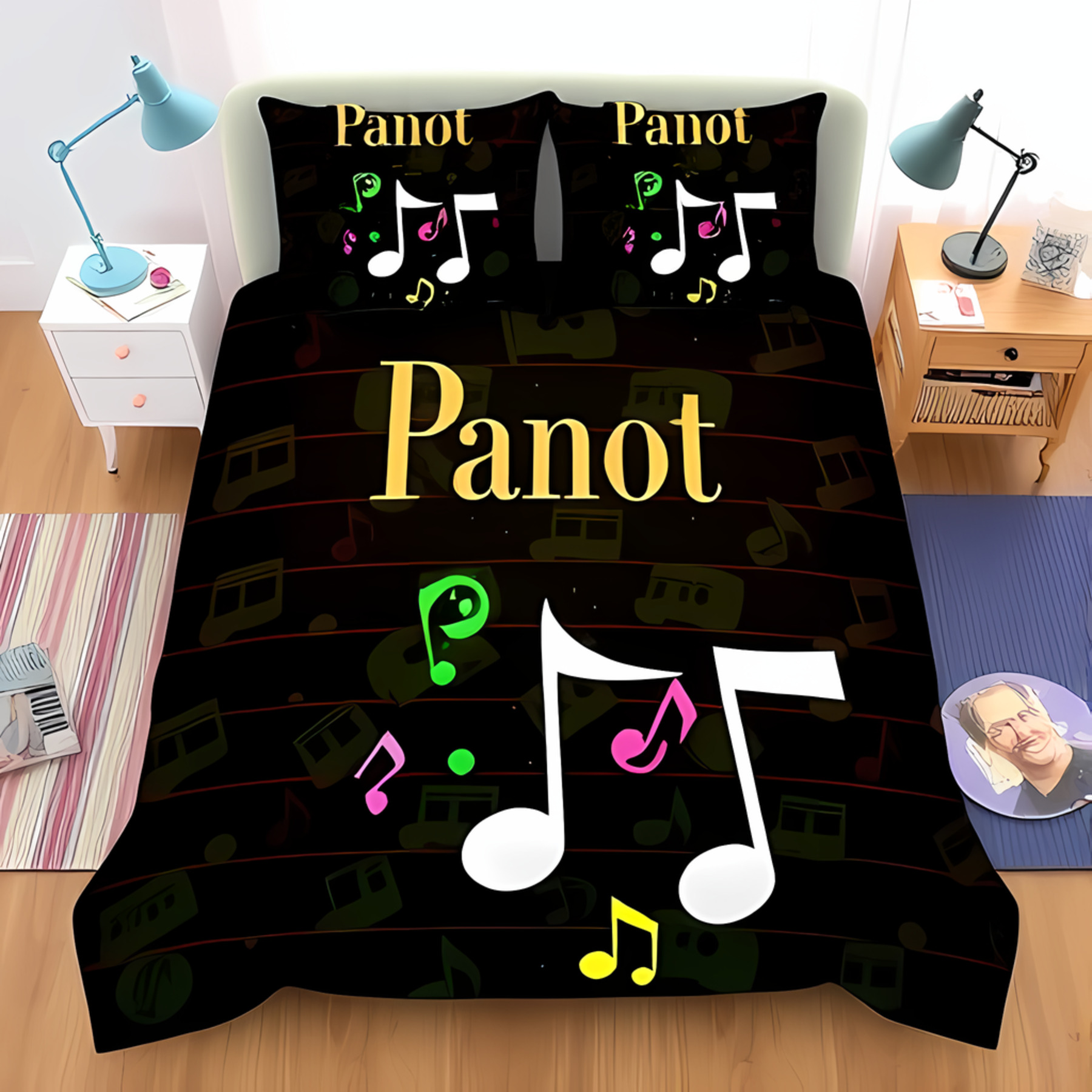 3-Piece Duvet Cover Set with Colorful Musical Notes on Black Background ...