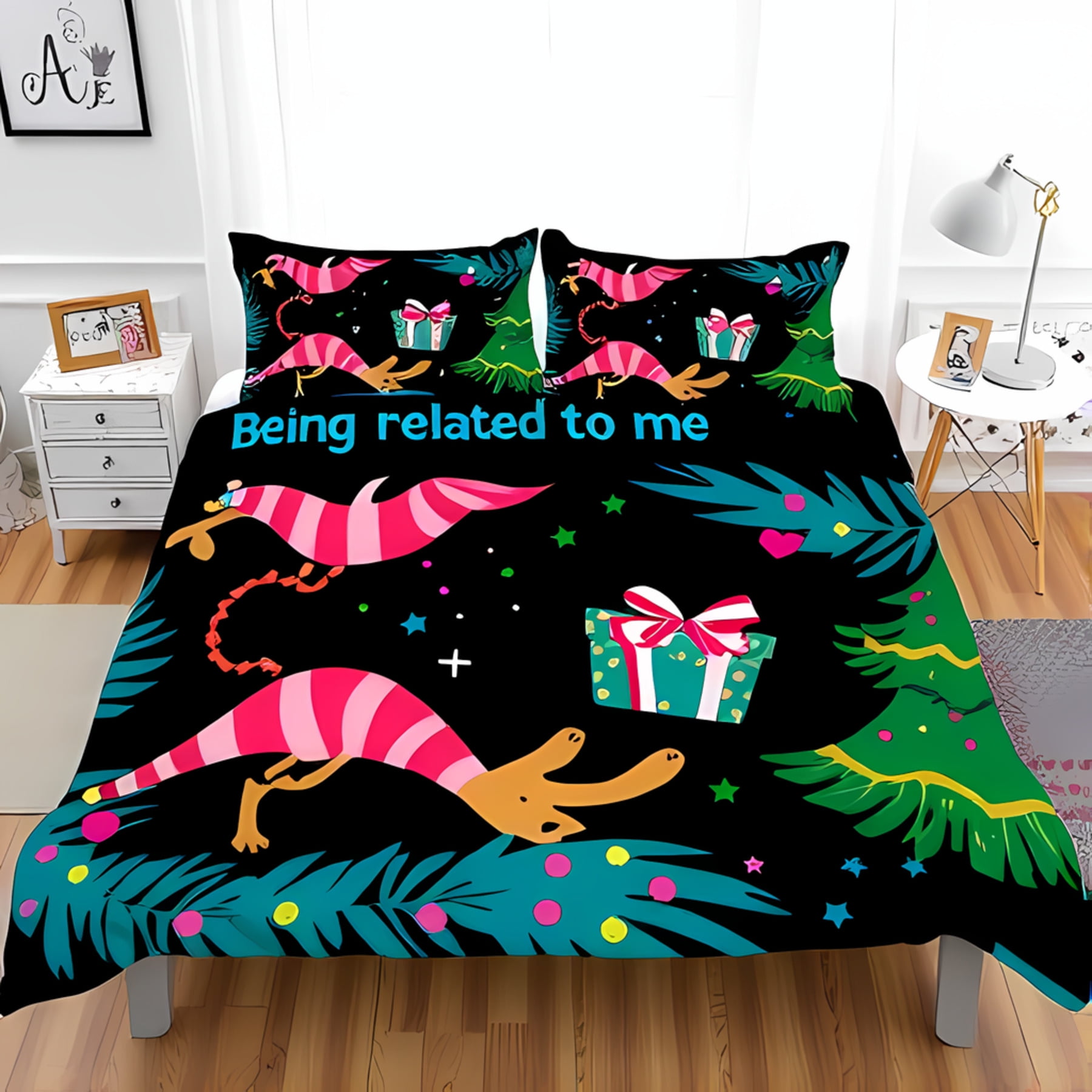 3-Piece Duvet Cover Set - Colorful Pink & Orange Dinosaurs with Festive ...