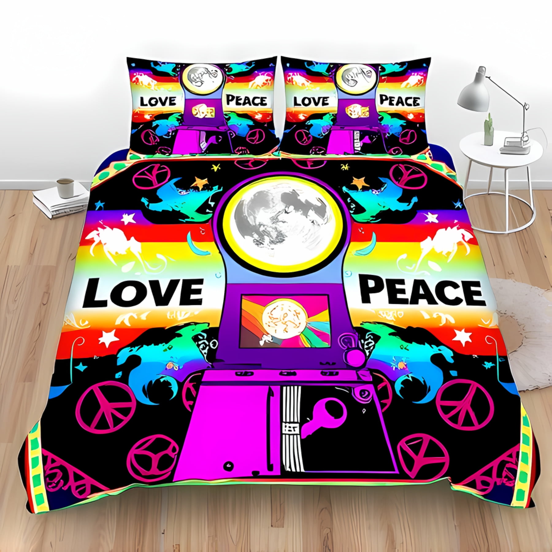 3-Piece Duvet Cover Set - Colorful Rainbows Stars & Peace Sign Design ...