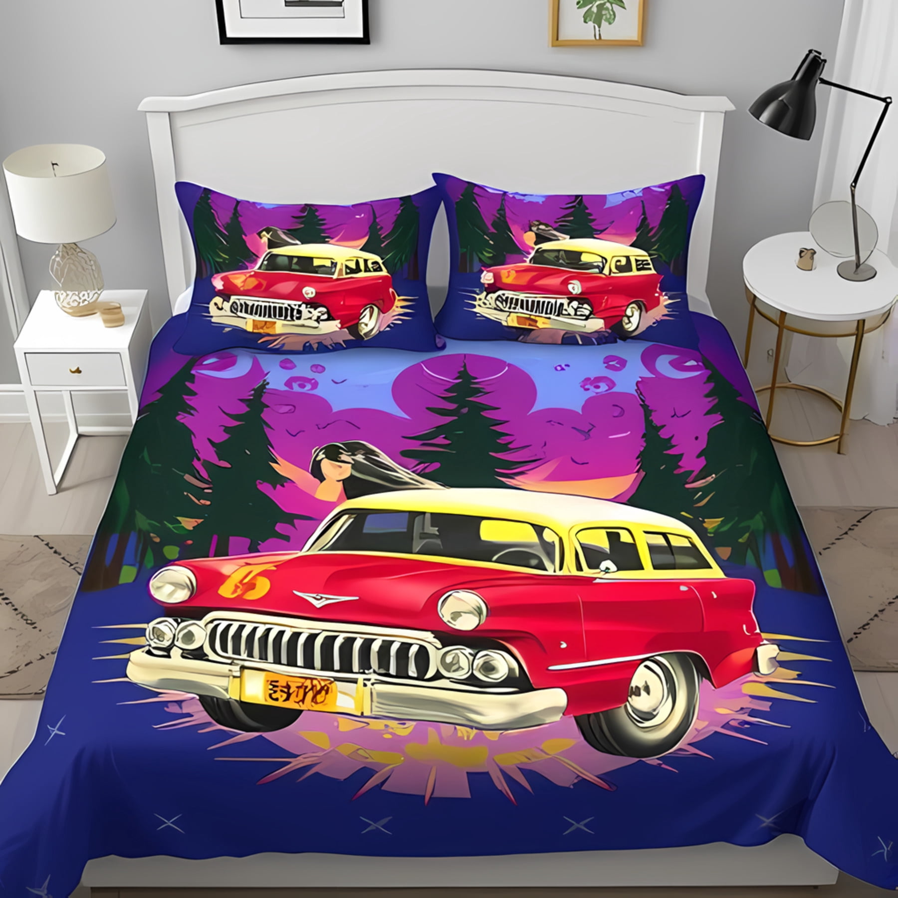 3-Piece Duvet Cover Set - Colorful Red Car with Yellow Roof Driving ...