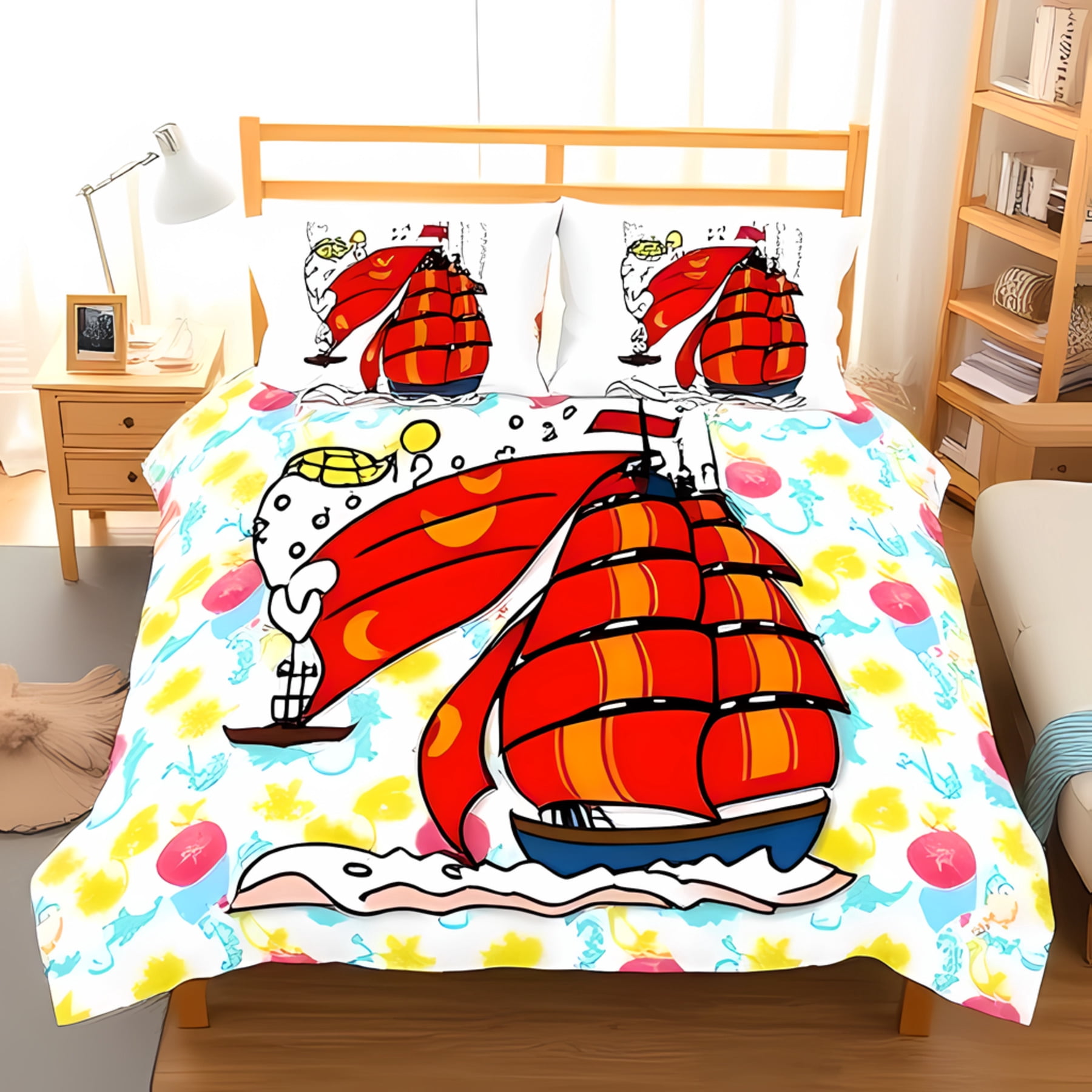 3-Piece Duvet Cover Set - Colorful Red Sailing Ship with Sea Creatures ...