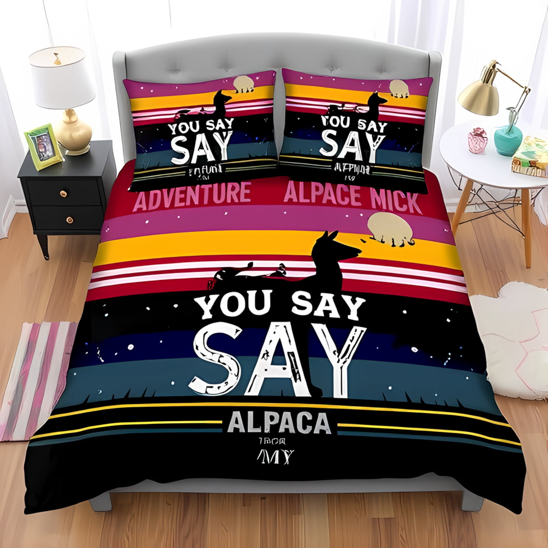 3-Piece Duvet Cover Set - Colorful Striped Pattern with Alpaca ...