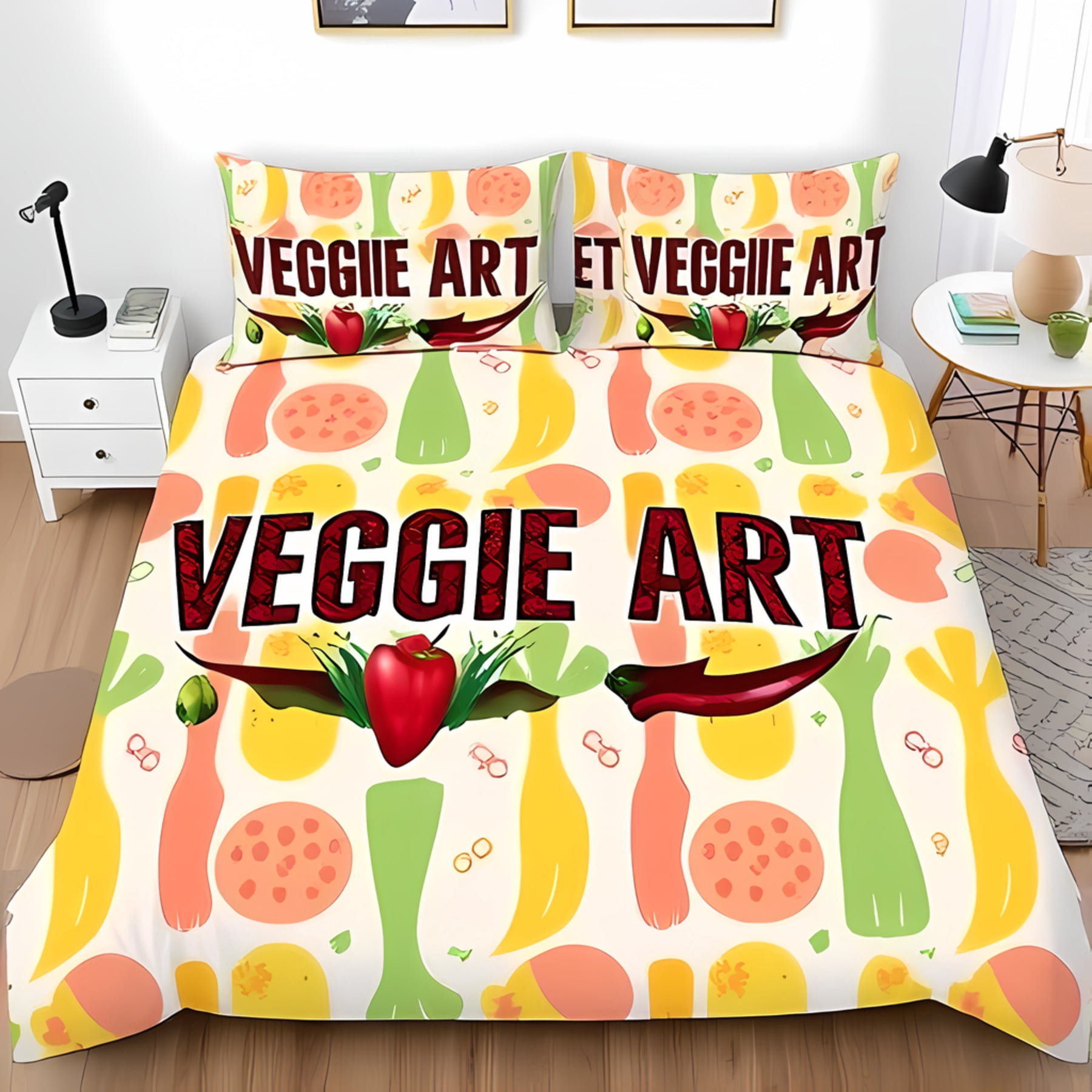 3-Piece Duvet Cover Set - Colorful 'VEGGIE ART' Design with Whimsical ...