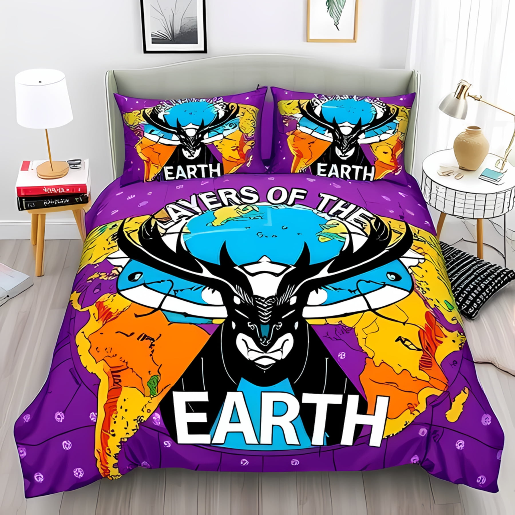 3-Piece Duvet Cover Set with Colorful World Map & Horned Creature ...