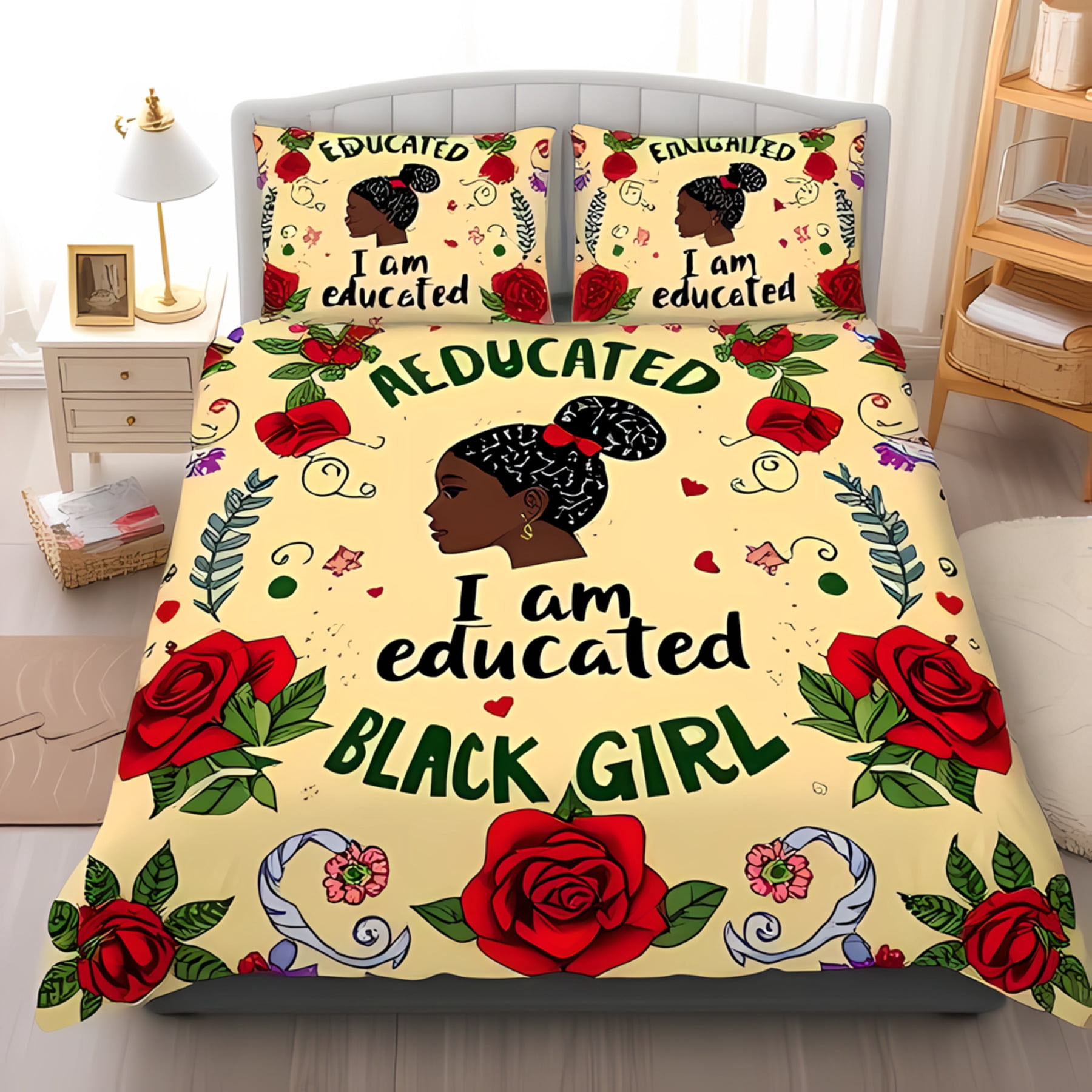 3-Piece Duvet Cover Set - Cream Base with Red Roses & Empowering " I am ...