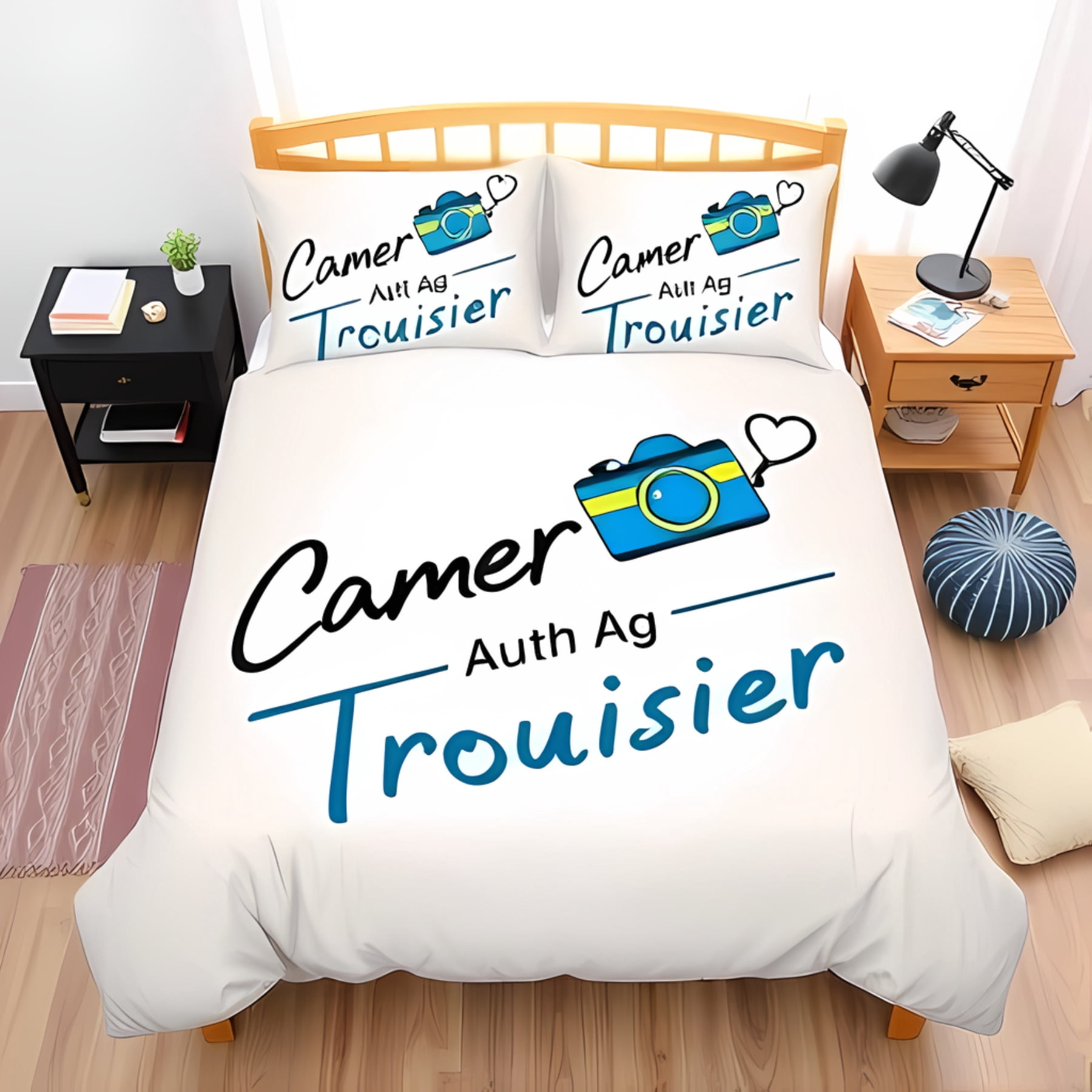 3-Piece Duvet Cover Set - Crisp White with Playful Blue & Yellow Camera ...